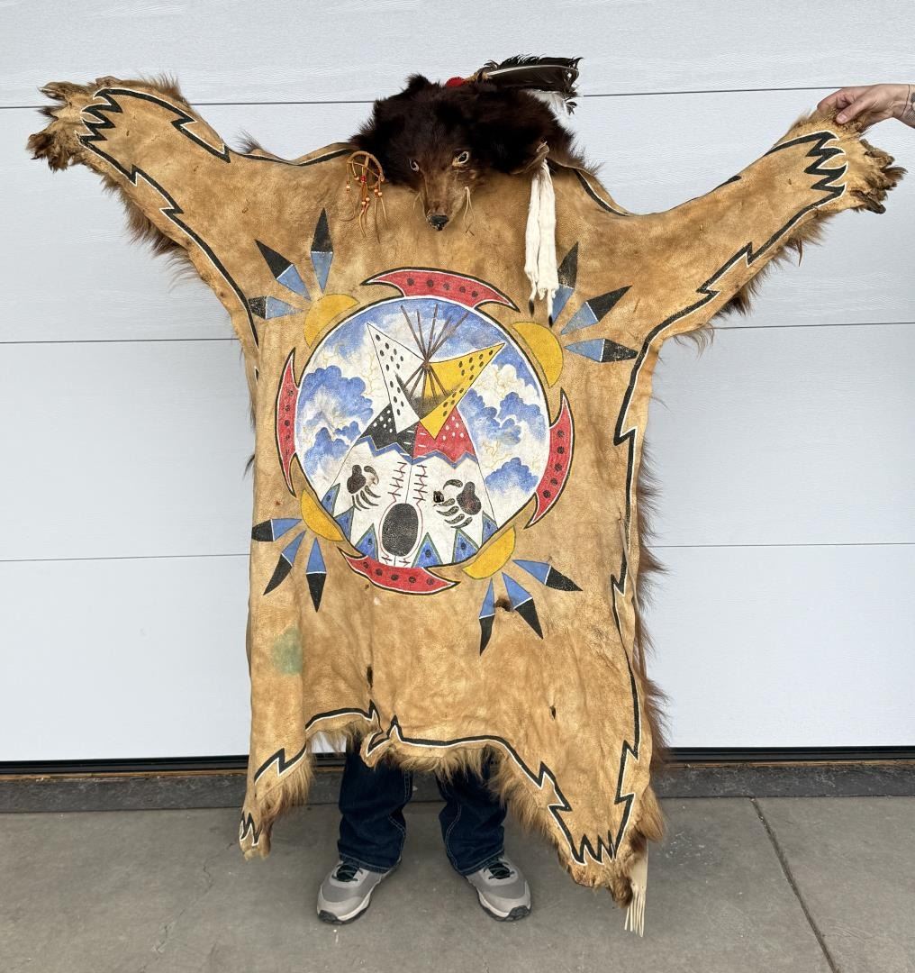 Plains Indian Painted Ceremonial Black Bear Robe