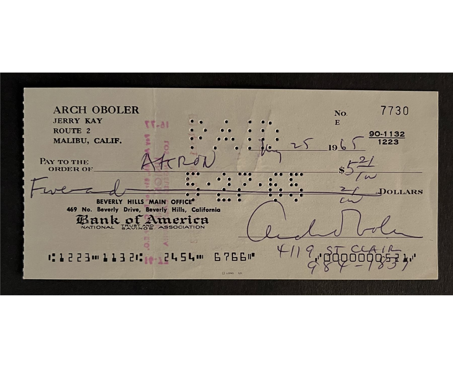 Arch Oboler signed check