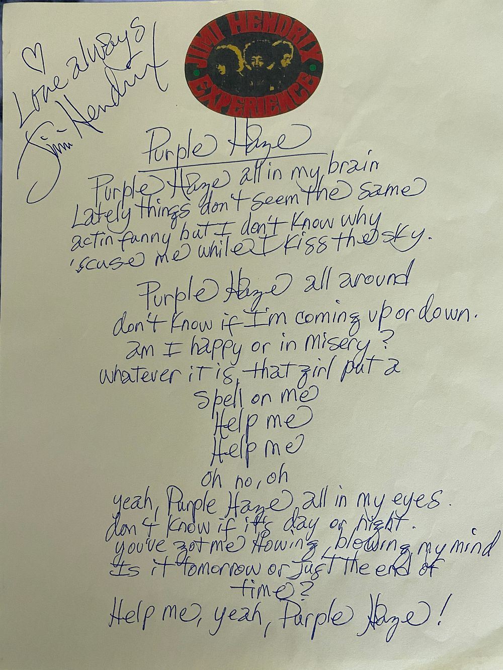 RARE Jimi Hendrix Purple Haze signed handwritten lyrics