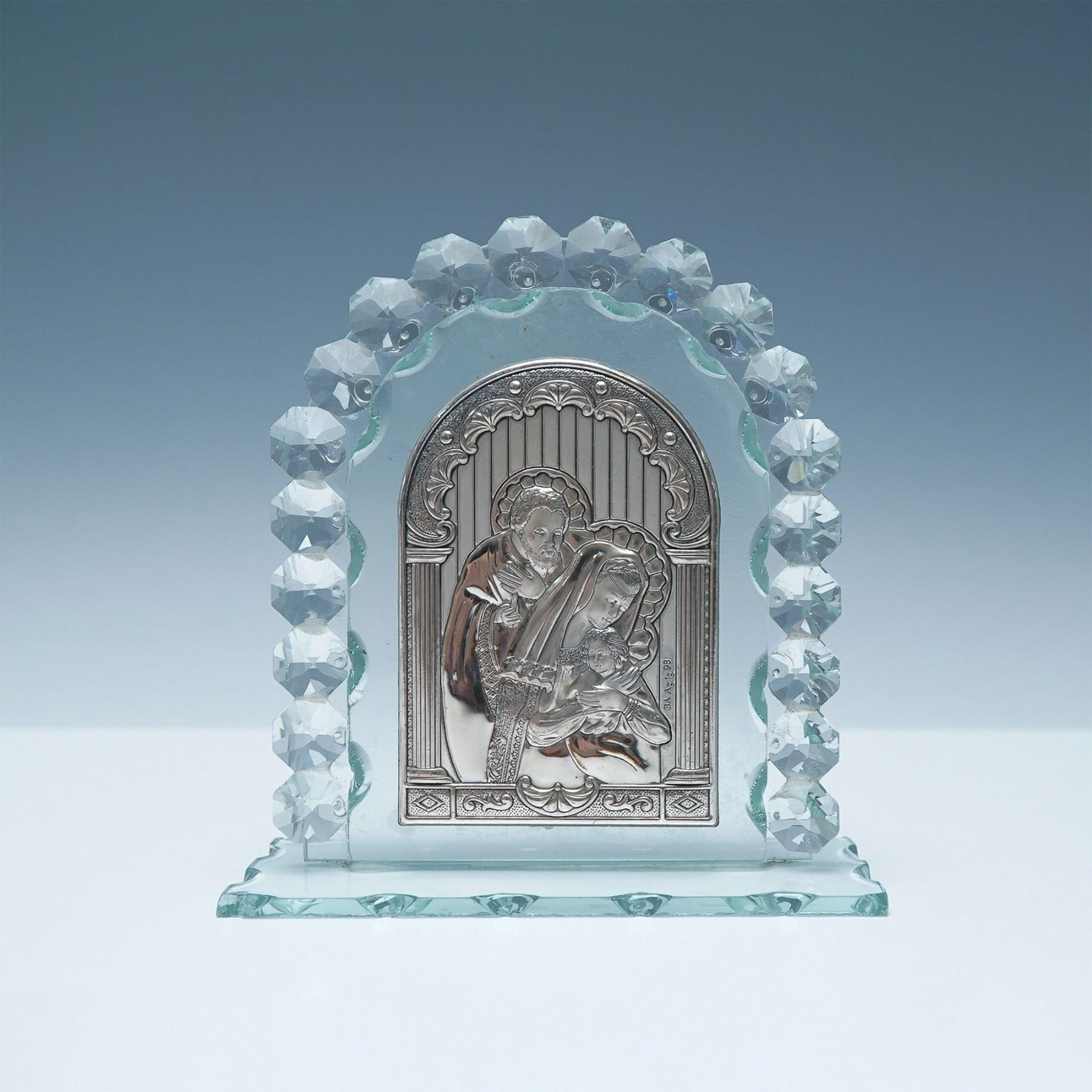 Argentium Silver Religious Icon of the Holy Family on Beveled Glass