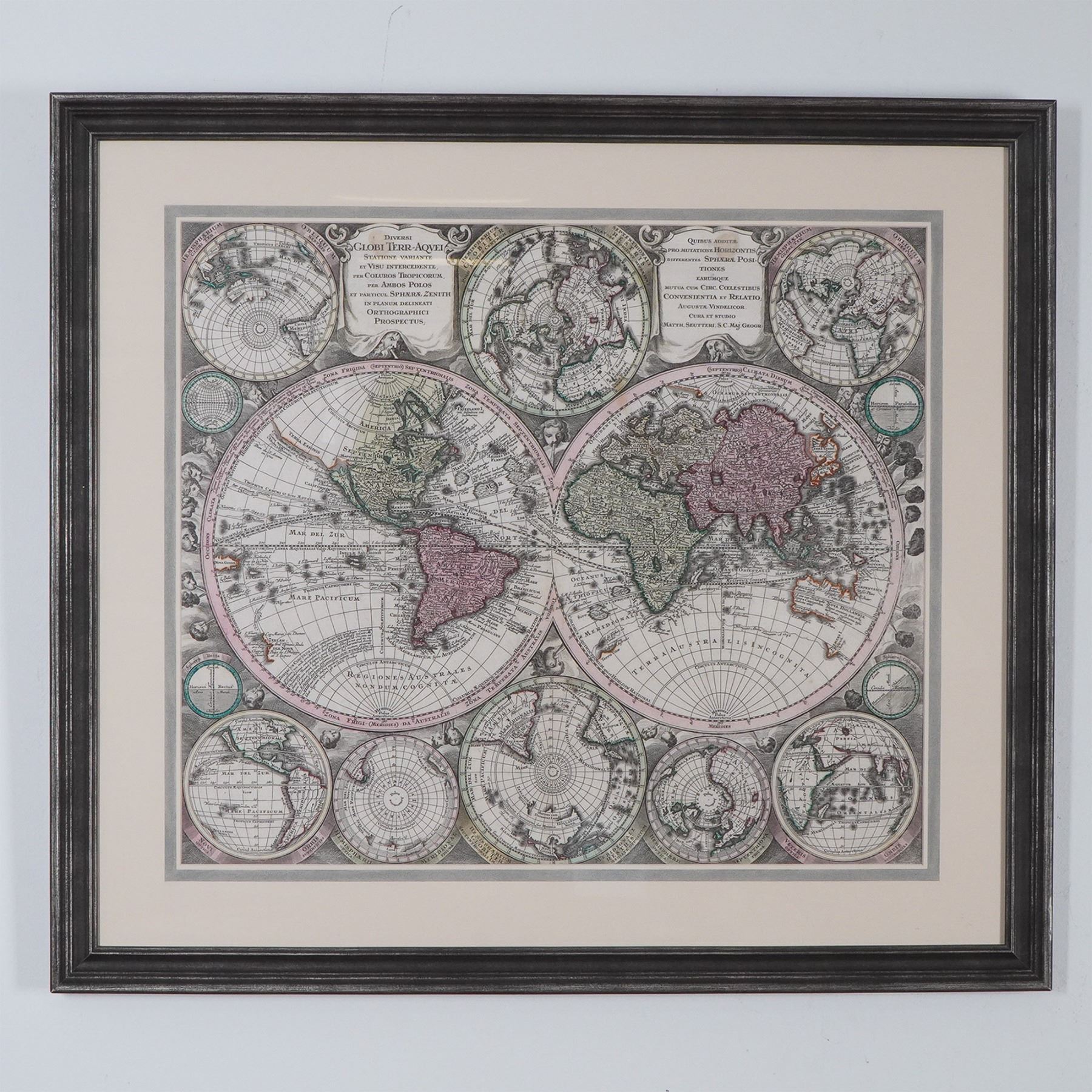 Antique Matthaus Seutter Colored Copper Engraving on Paper, Framed Map