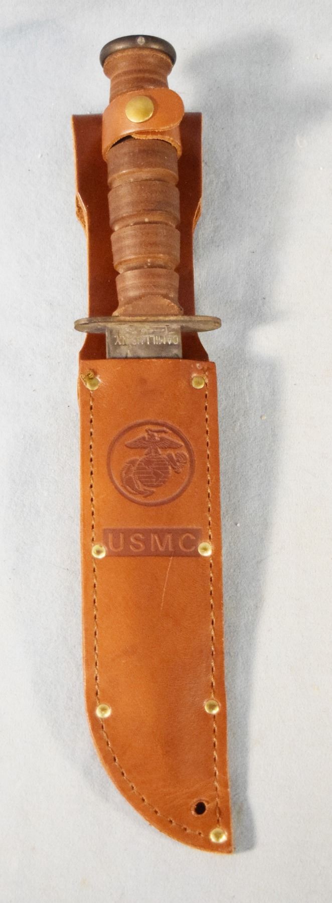 US Marine Corp knife & leather sheath, knife stamped U.S.M.C. Camillus ...