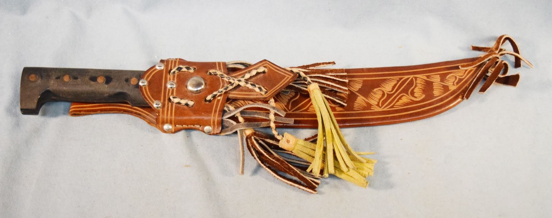 2 pcs: Fancy leather sheath & knife. Knife is by Sam W. Collins, 14 ...