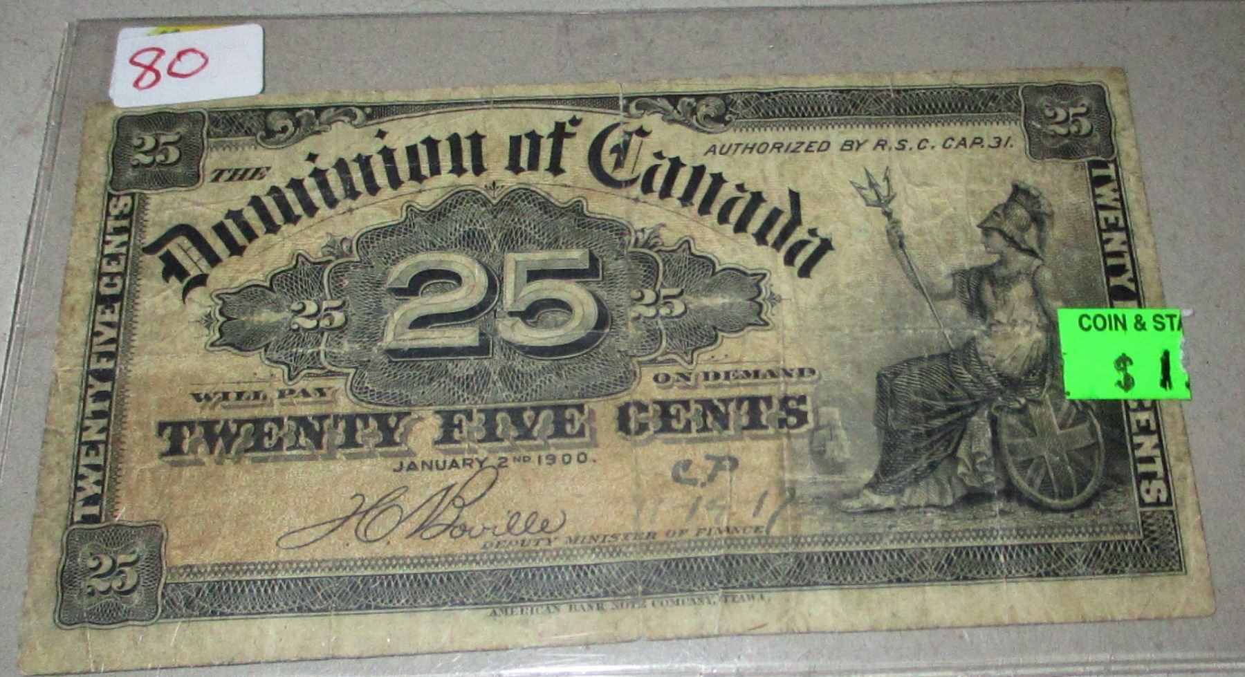 1900 DOMINION OF CANADA 25 CENT SHIN PLASTER