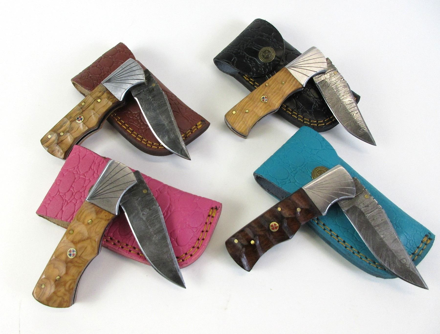 4 New Damascus Folding Lock Blade Knives With Sheaths- 3" Blades