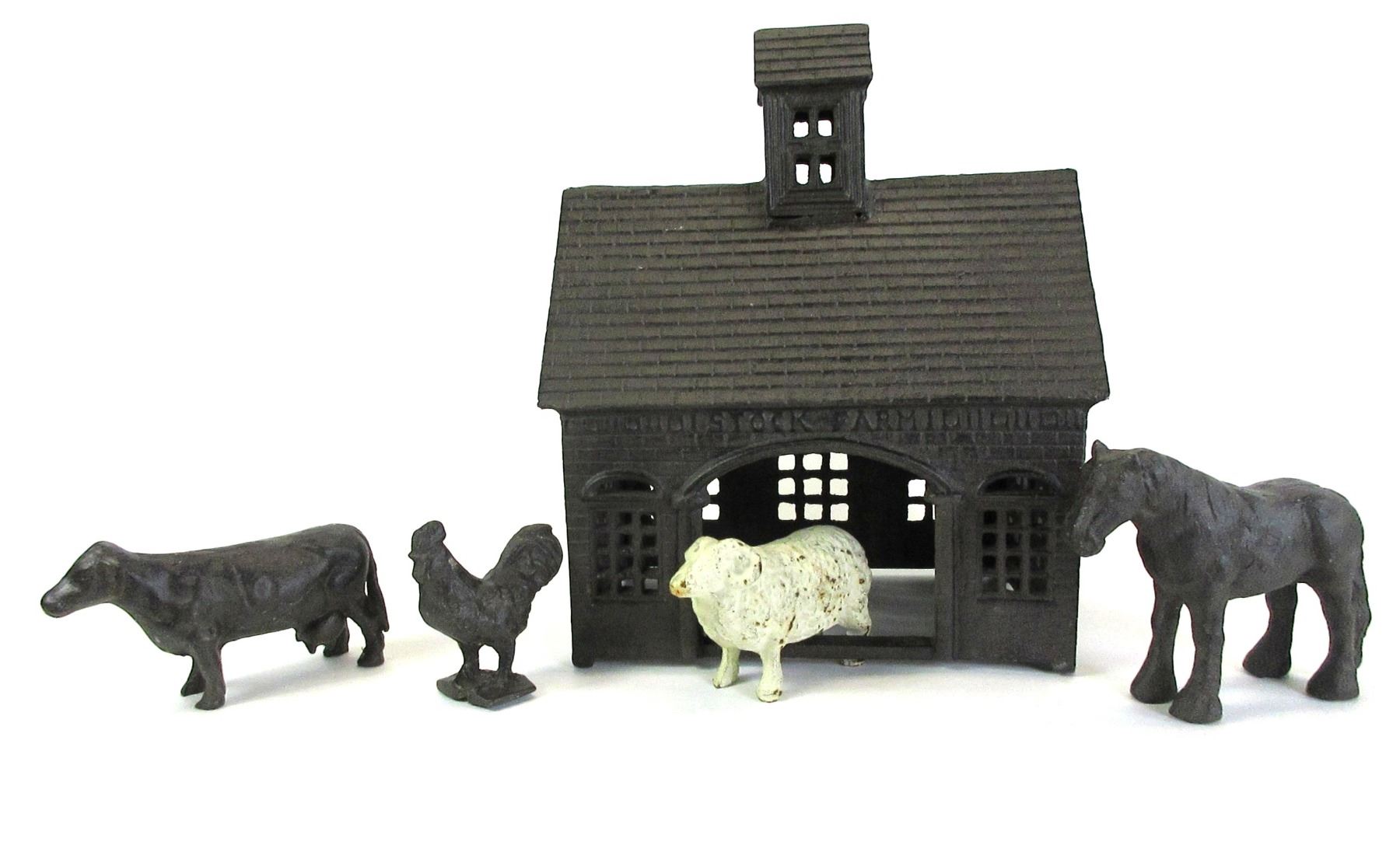 Cast Iron Stock Farm Barn With 4 Animals- 14" X 11" X 7"