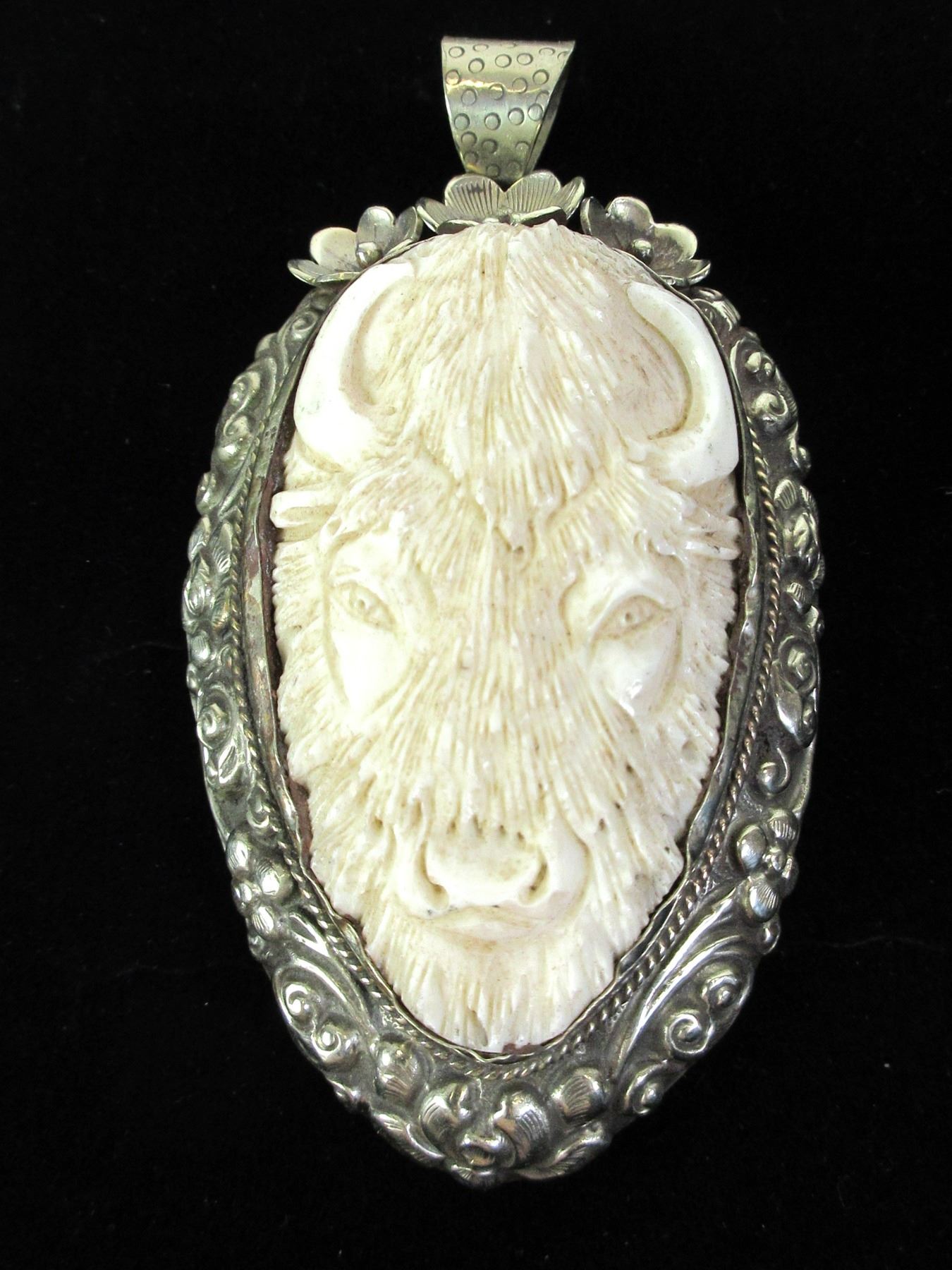 Large Bone Carved Buffalo Pendent- 4" X 2.25"
