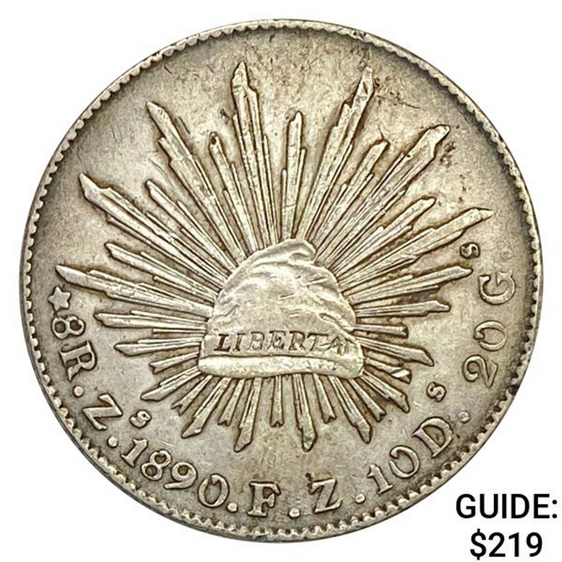 1890 Zs PZ Mexico Silver 8 Reales Cap&Ray NEARLY UNCIRCULATED NEARLY ...