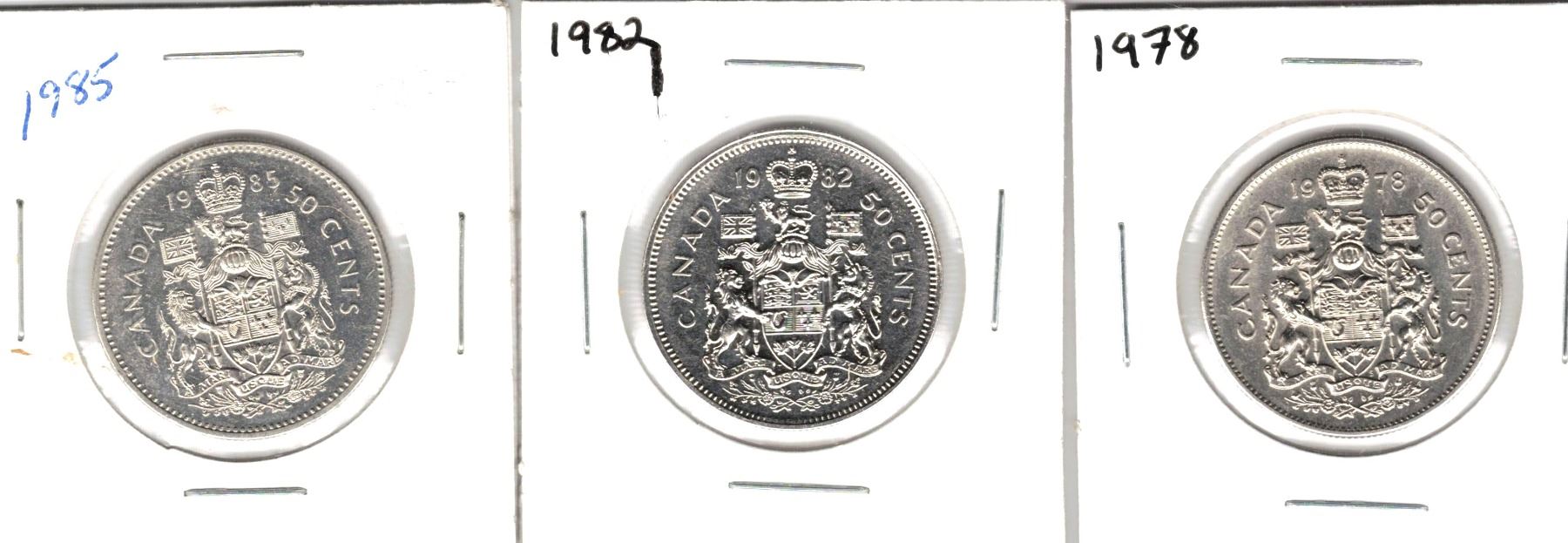 Set of three Canadian 50 Cent Coins, 1978, 1982 and 1985