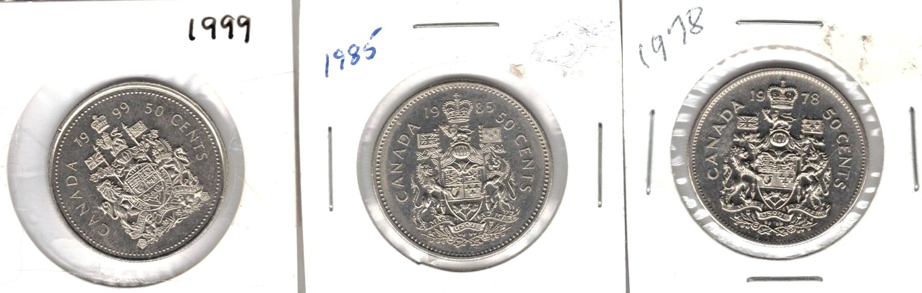 Set of three Canadian 50 Cent Coins, 1978, 1985 and 1999