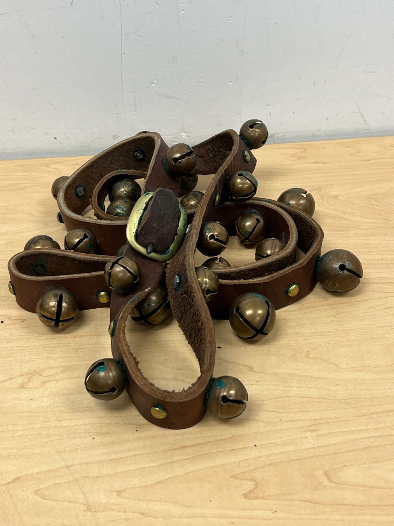 Several Vintage Sleigh Bells on Leather Strap - Approx 90" total length