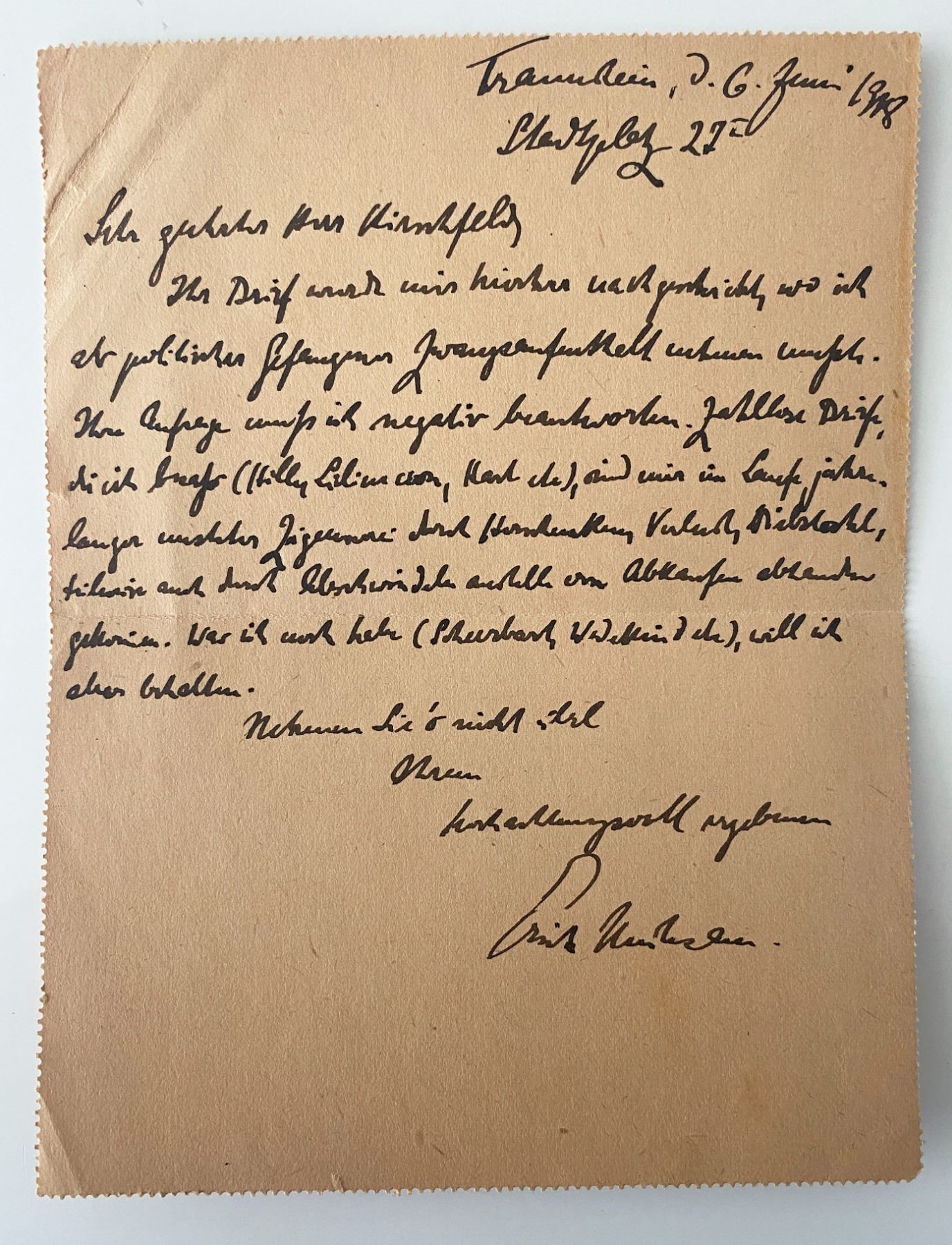 Erich Hartmann signed letter