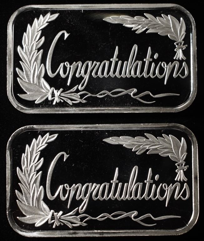 (2) 1 OZ CONGRATULATIONS .999 SILVER BARS