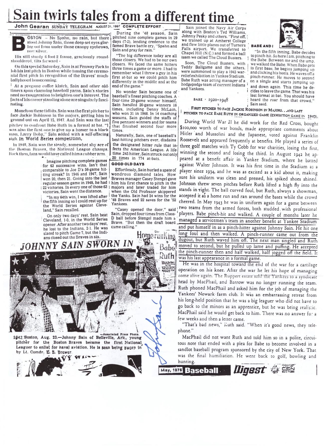 Johnny Sain signed newspaper clipping