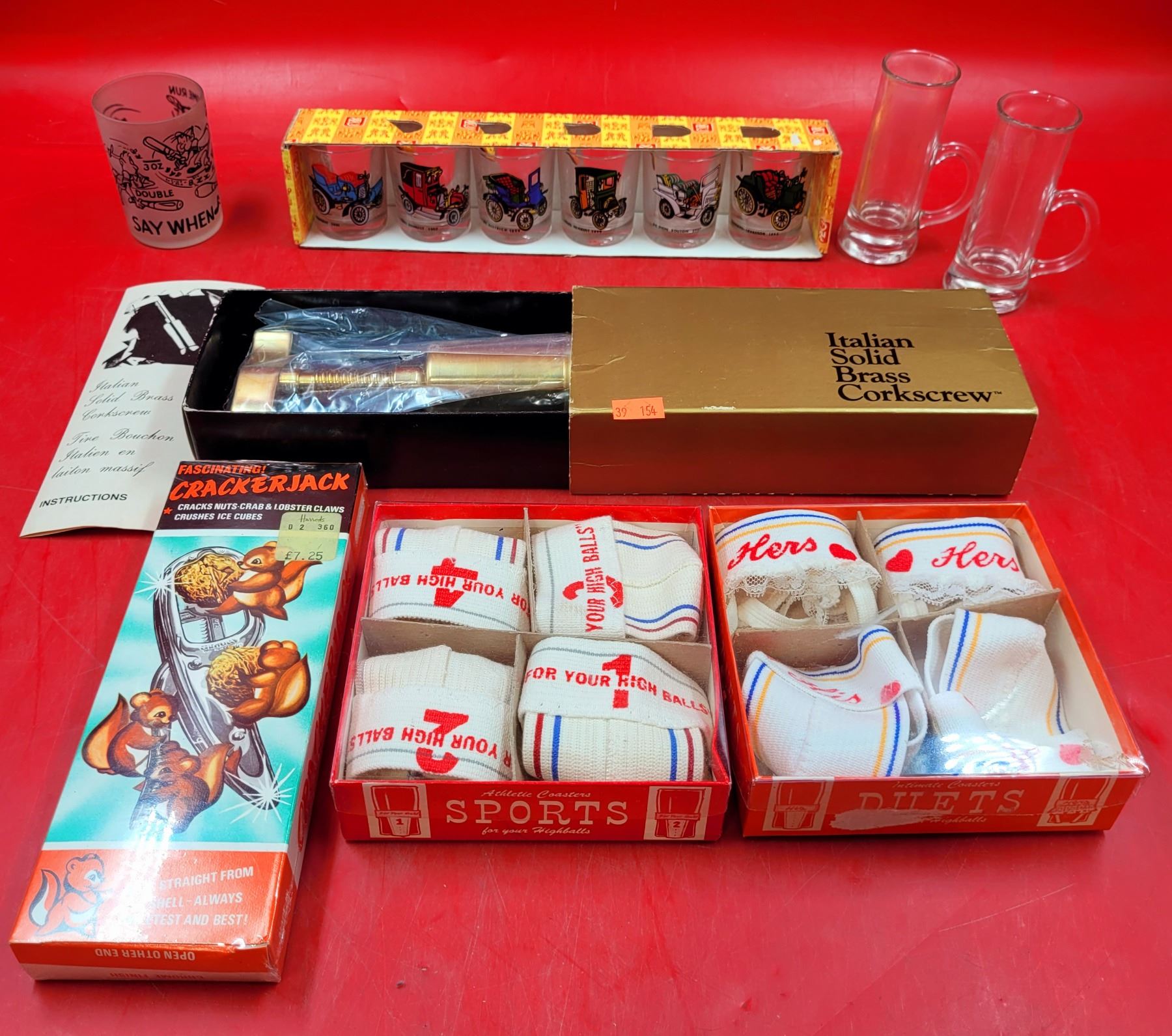 Shot Glasses, Italian Solid Brass Corkscrew, Crackerjack & Athlete Coasters