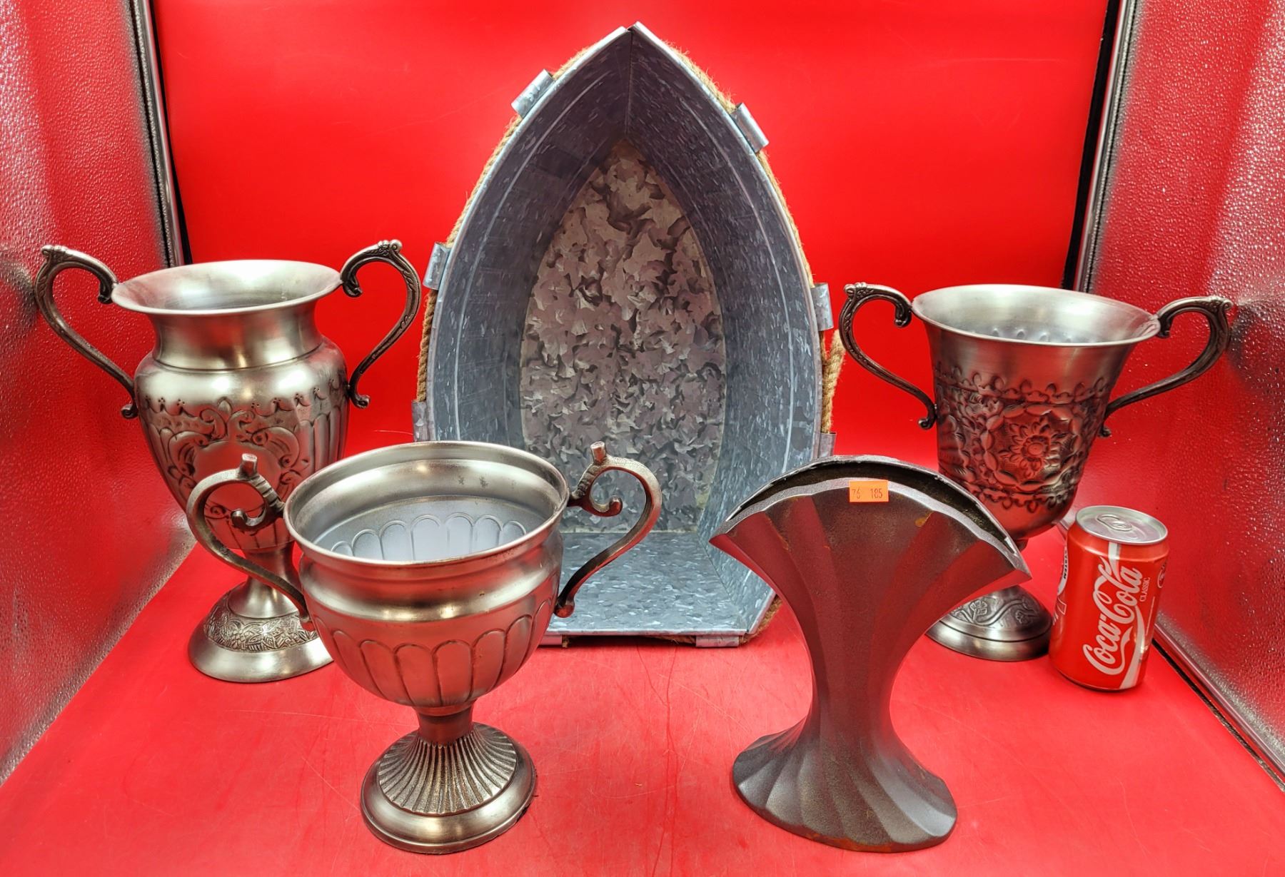 Boat Ice Bucket, Metal Serving Cups/Trophies, & Vase