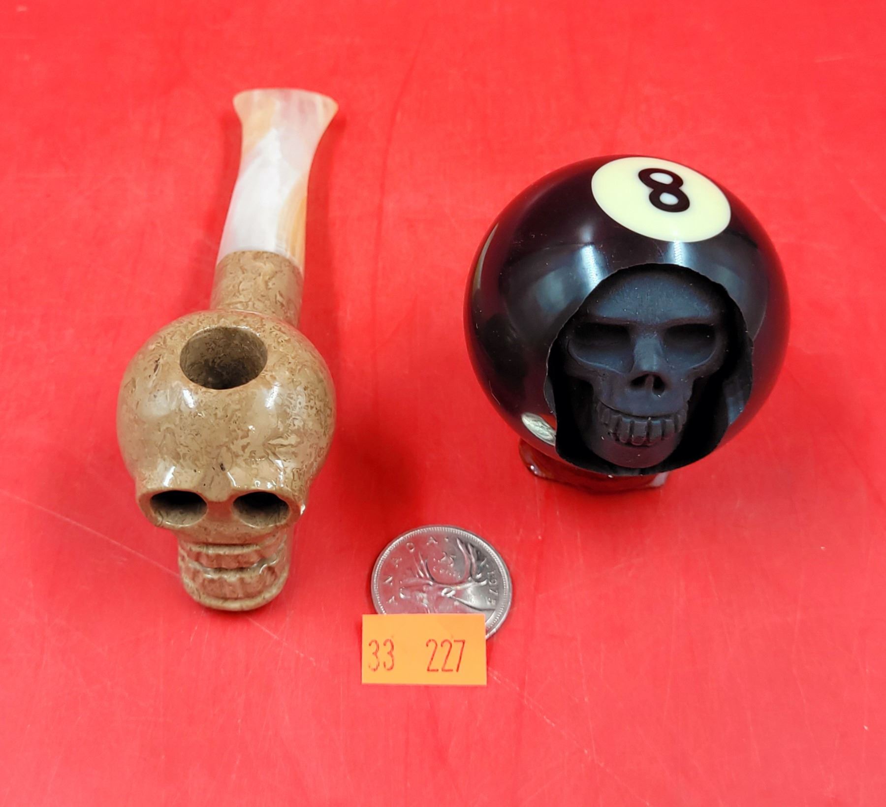 Carved Eight Ball Skull & Carved Agate Stone Skull Pipe
