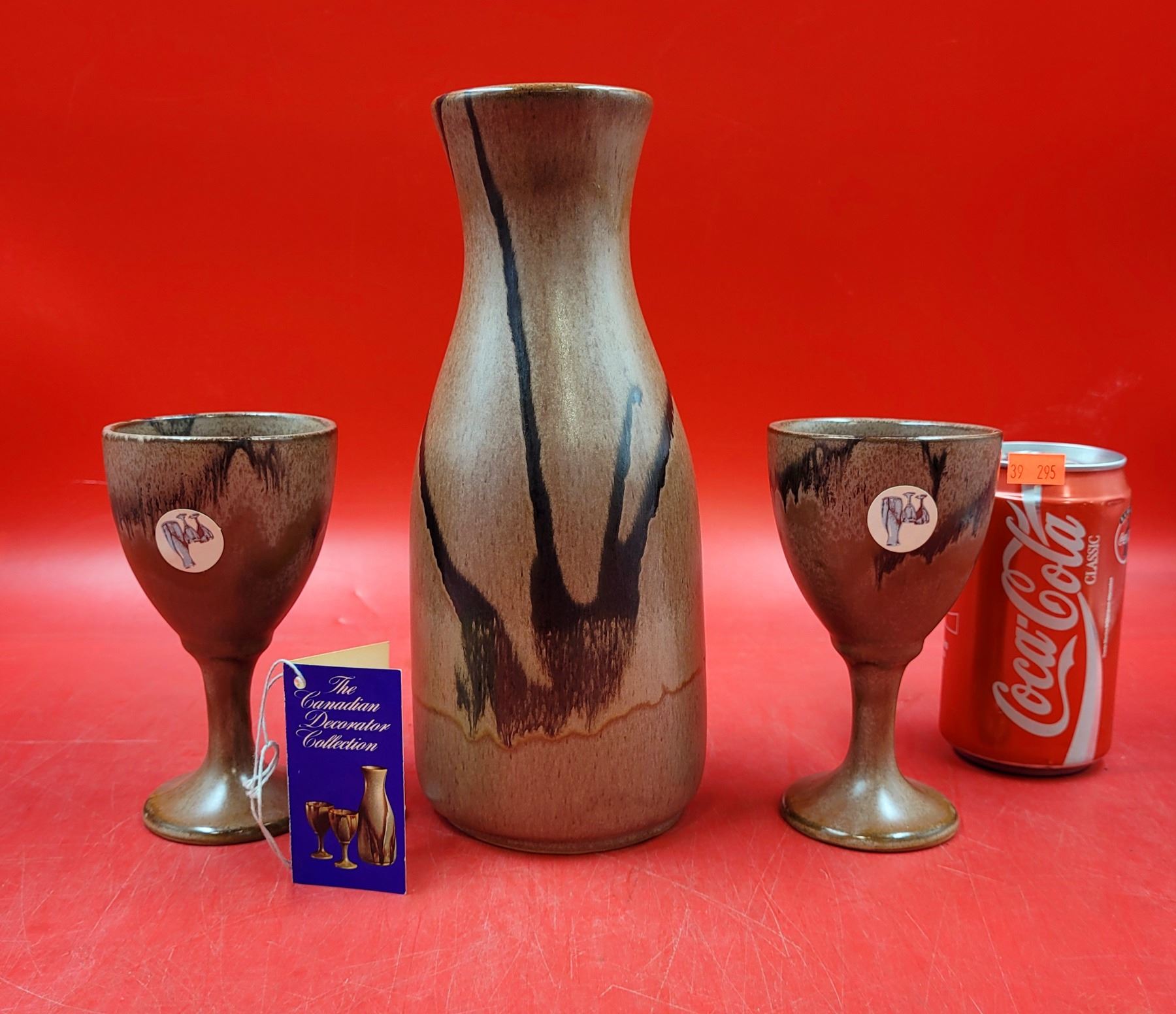 VTG DMP Blue Mountain Pottery Mocha-Glazed Decanter w/ Two Goblets Made ...