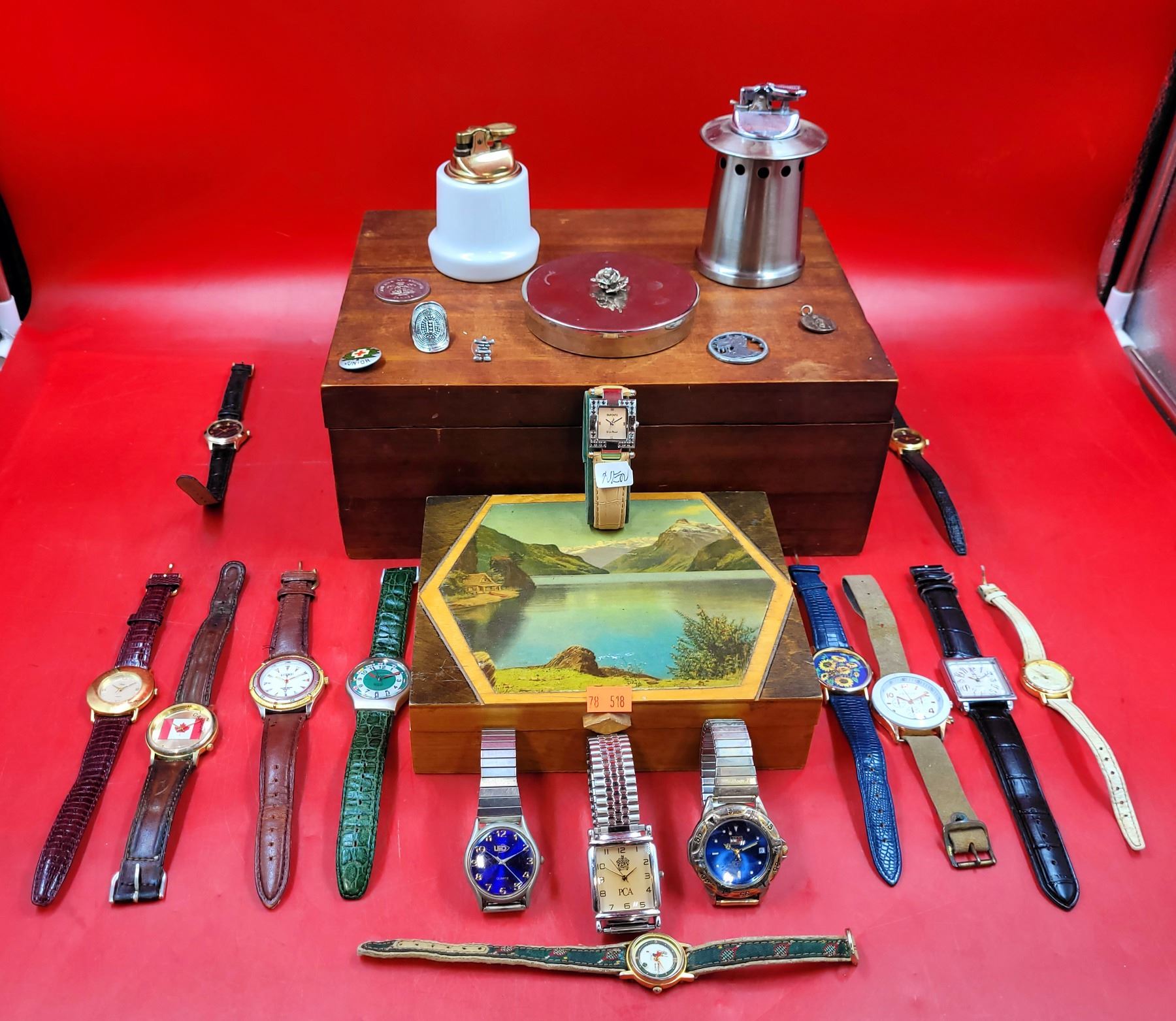 Assorted Watches, 2 Storage Boxes, 2 Table Lighters, & Smalls