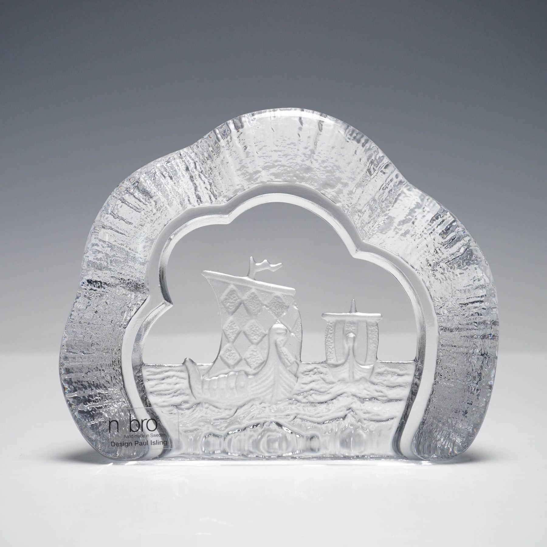 Nybro Swedish Art Glass Sculpture, Viking Ships by Paul Isling