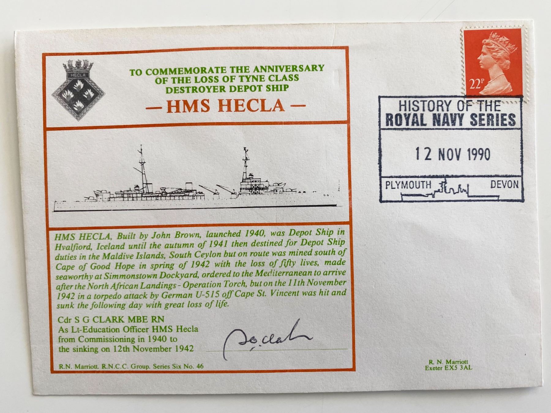 WWII HMS Hecla Anniversary Commemorative Cdr S G Clark Signed First Day ...