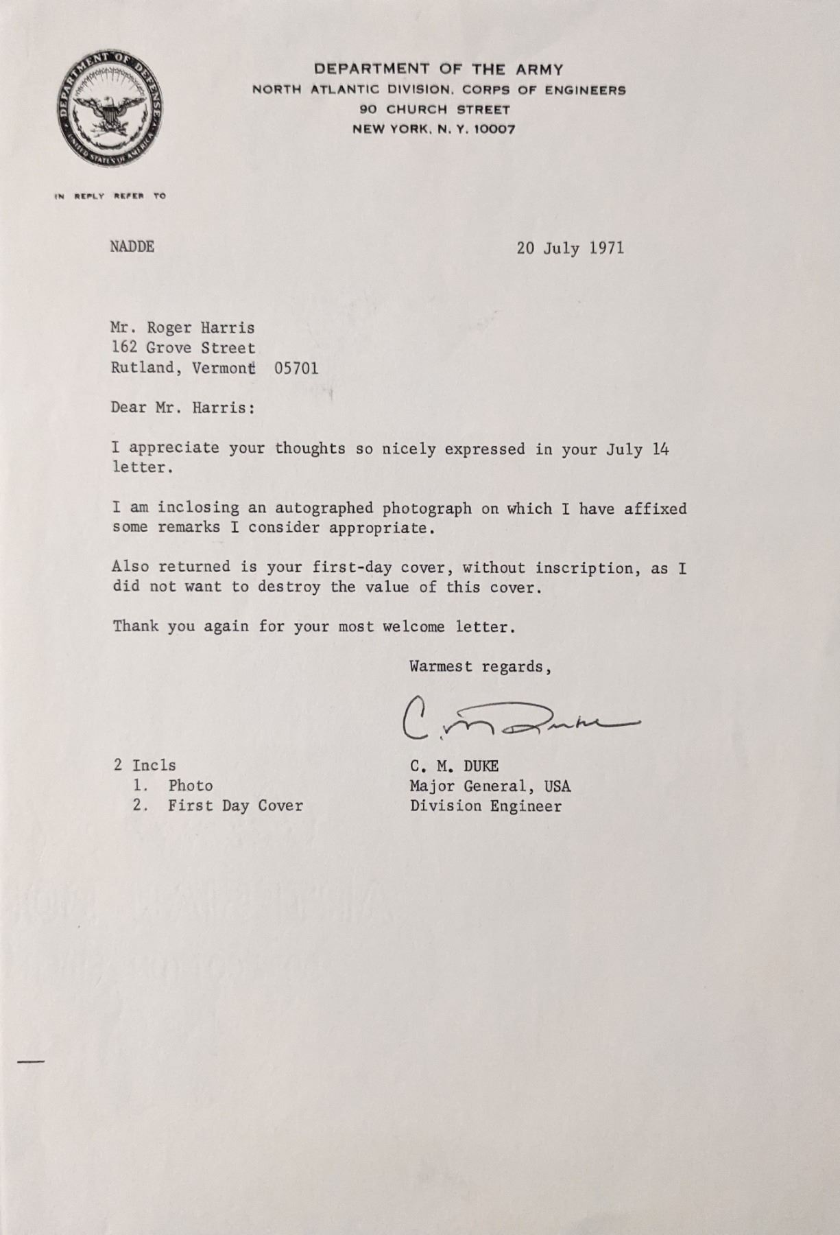 WW2 military Major general Duke signed letter