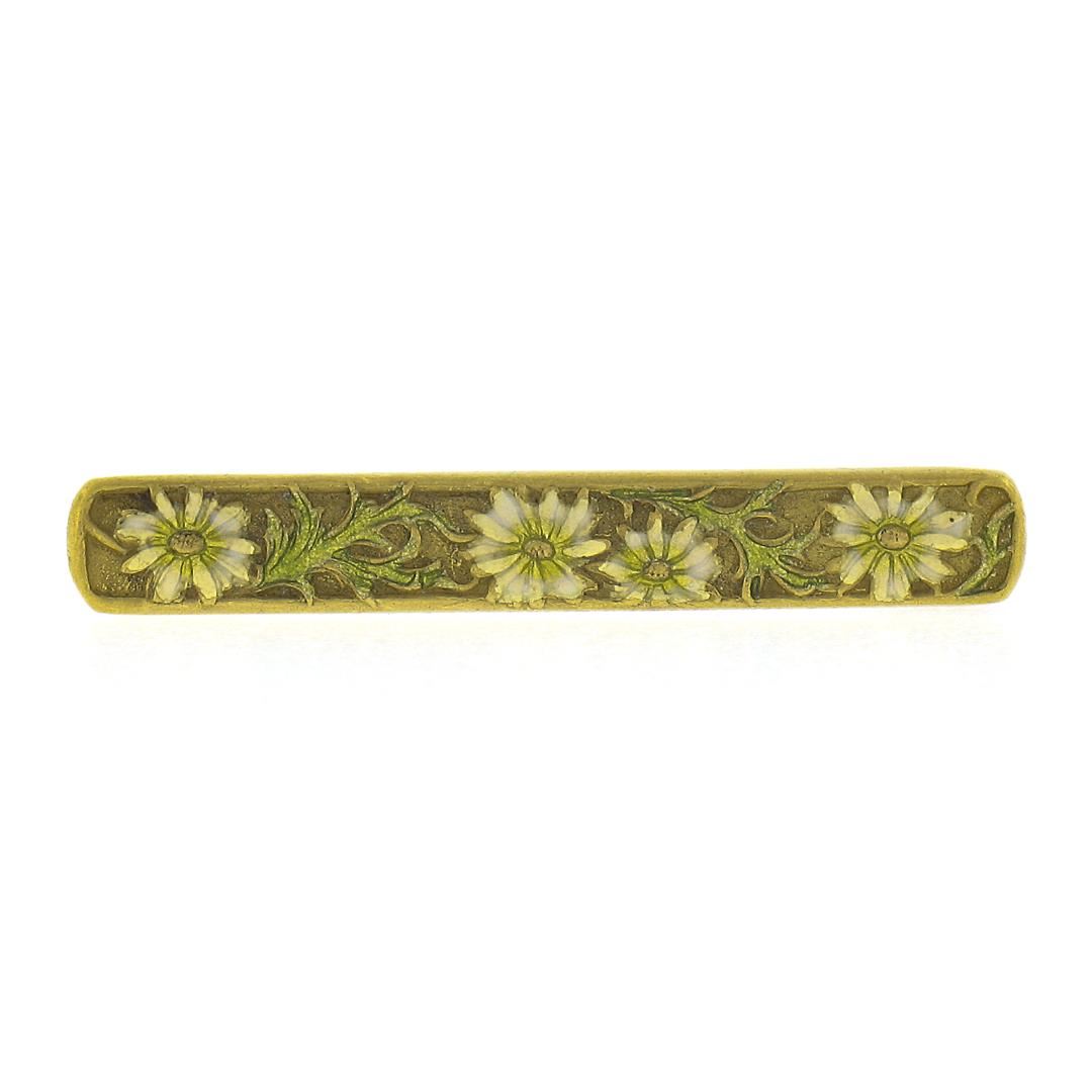 Antique Krementz 14K Gold Floral White & Green Enamel Petite Bar Pin Brooch