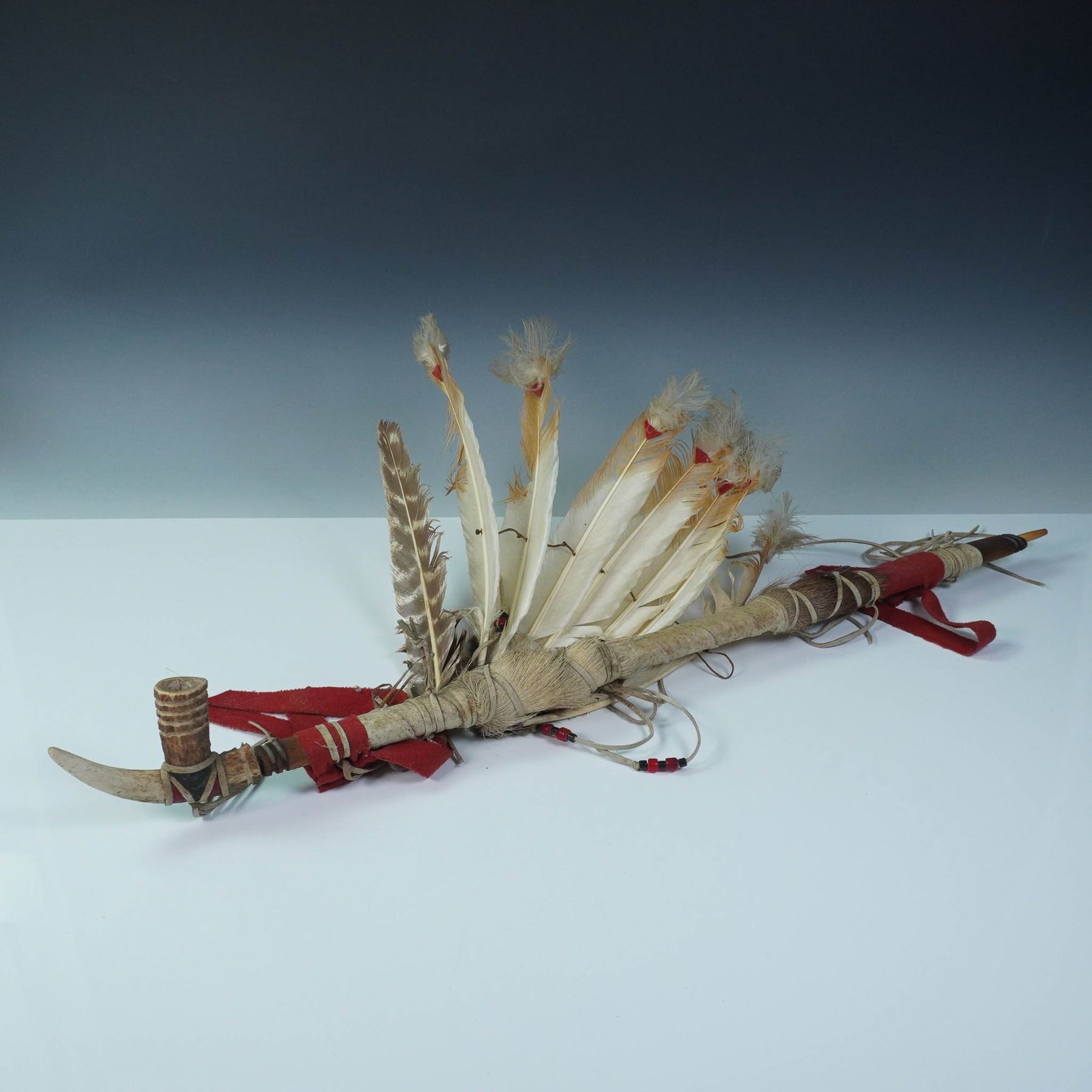 Native American Style Ceremonial Pipe, Feather and Bead Adornments
