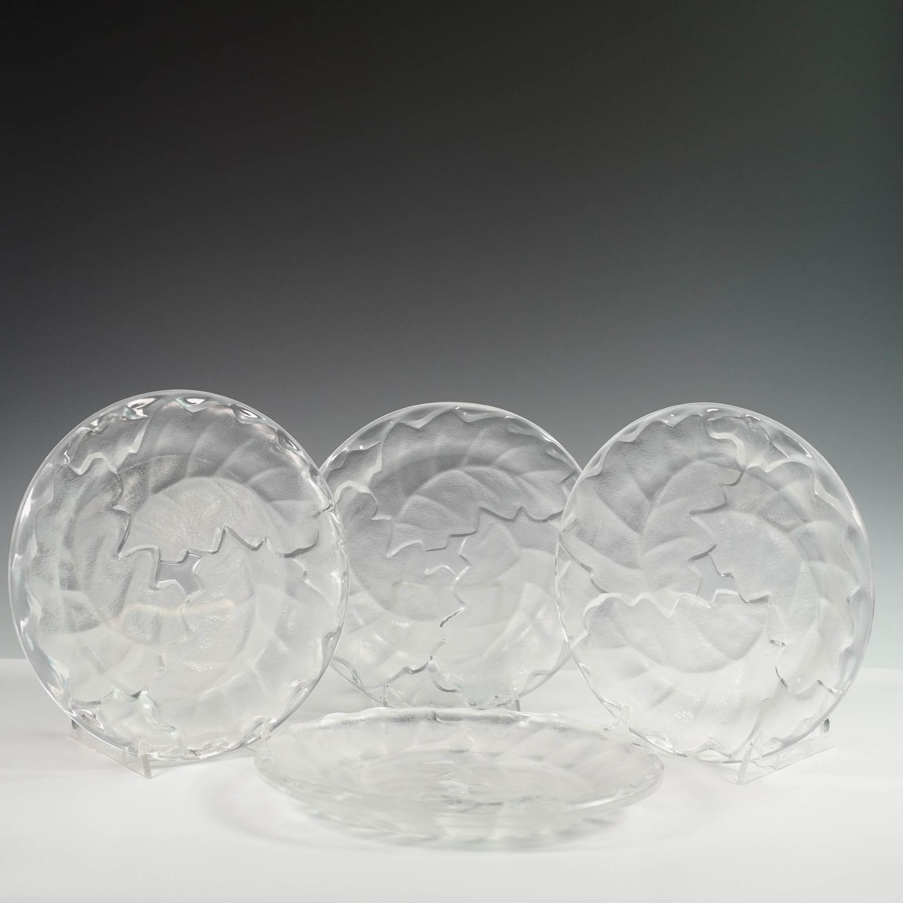 4pc Lalique Crystal Plates, Chene Oak Leaf