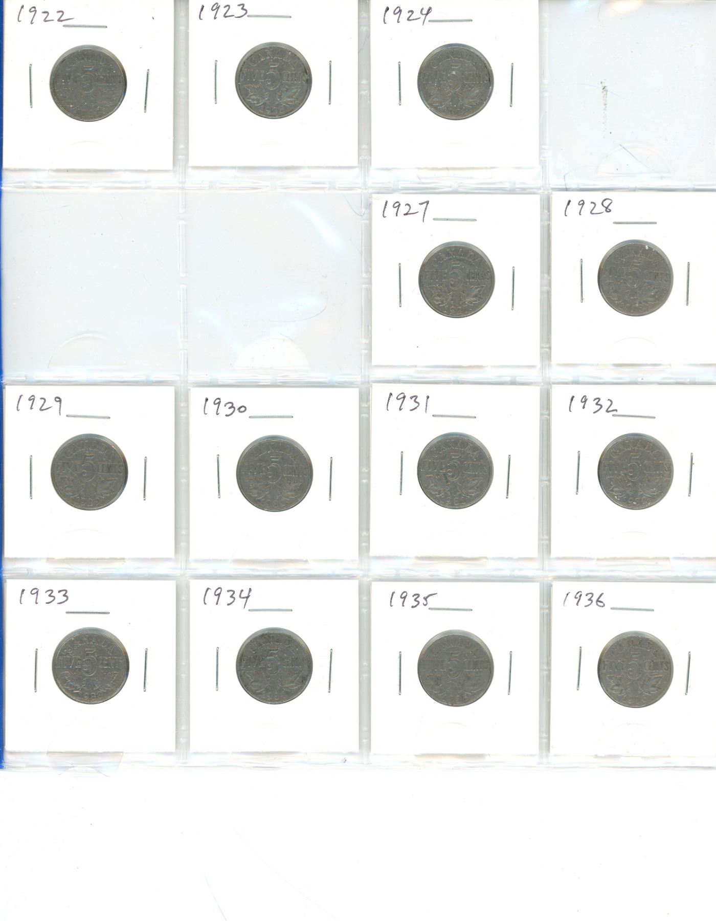 Set of 13 Canadian King George V Nickel 5 Cents. Includes 1922, 1923, 1924, 1927, 1928, 1929 ...