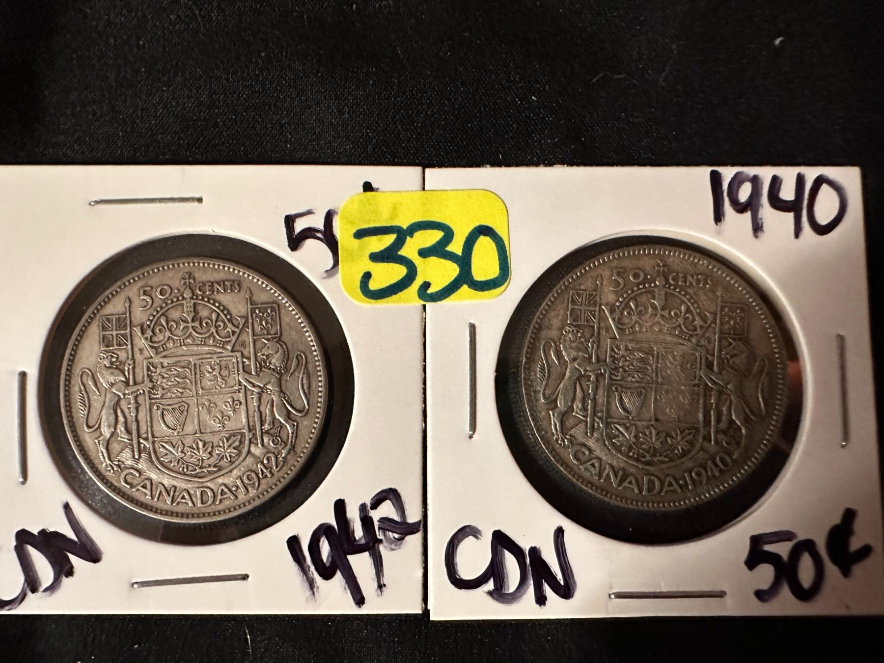 2 Canadian 50 cent coins, 1942, 1940