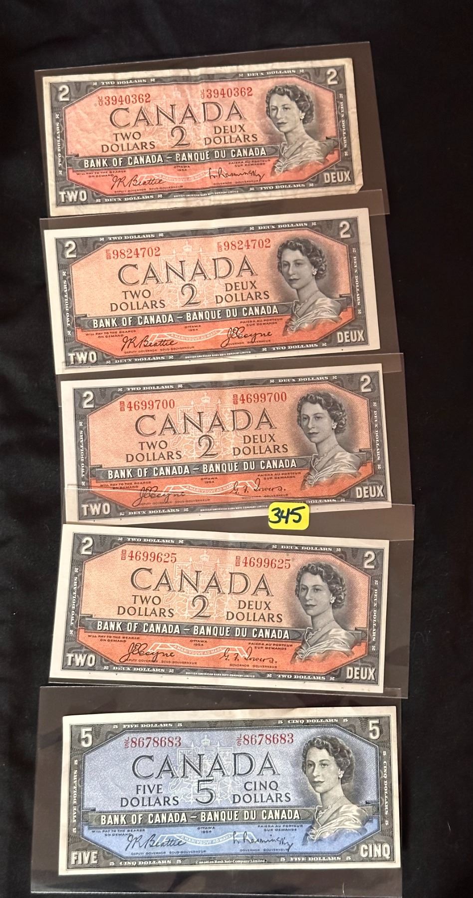 4 Canadian 2 dollar bills/notes 1954, 1 Canadian 5 dollar bill/note 1954