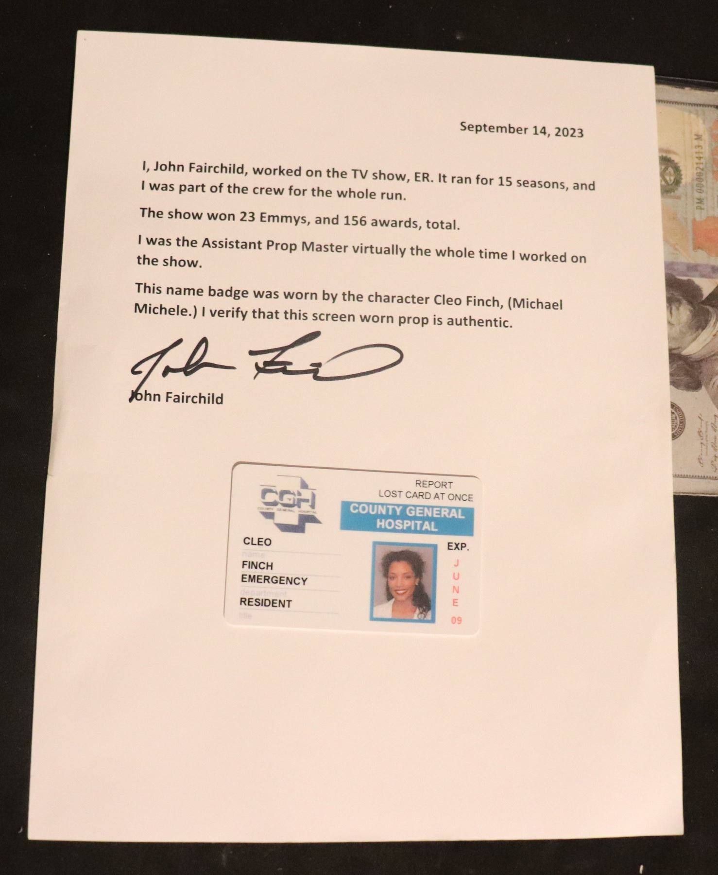 ZZ ER TV CLEO FINCH HOSPITAL ID BADGE WITH LOA