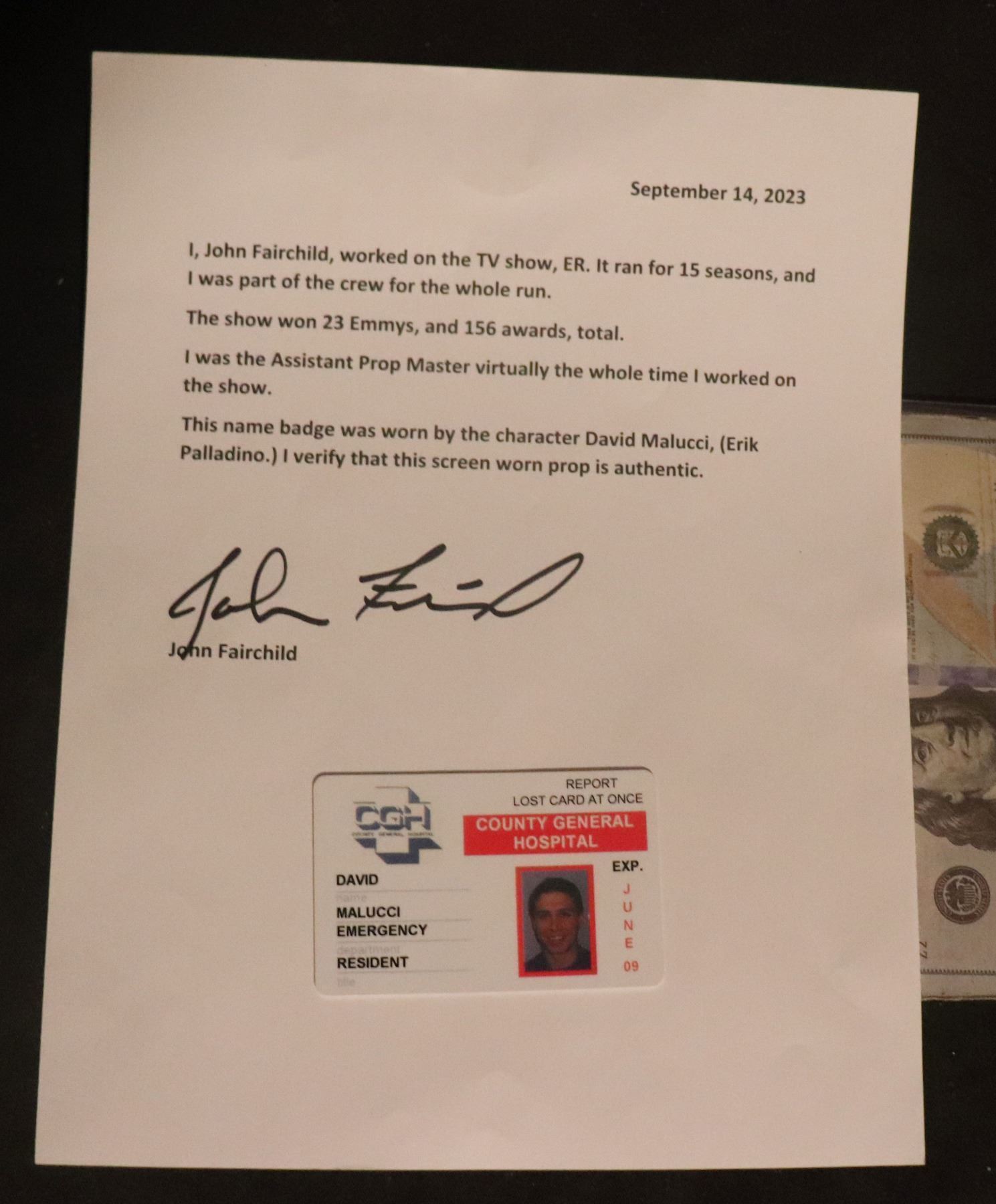 ZZ ER TV DAVID MALUCCI HOSPITAL ID BADGE WITH LOA