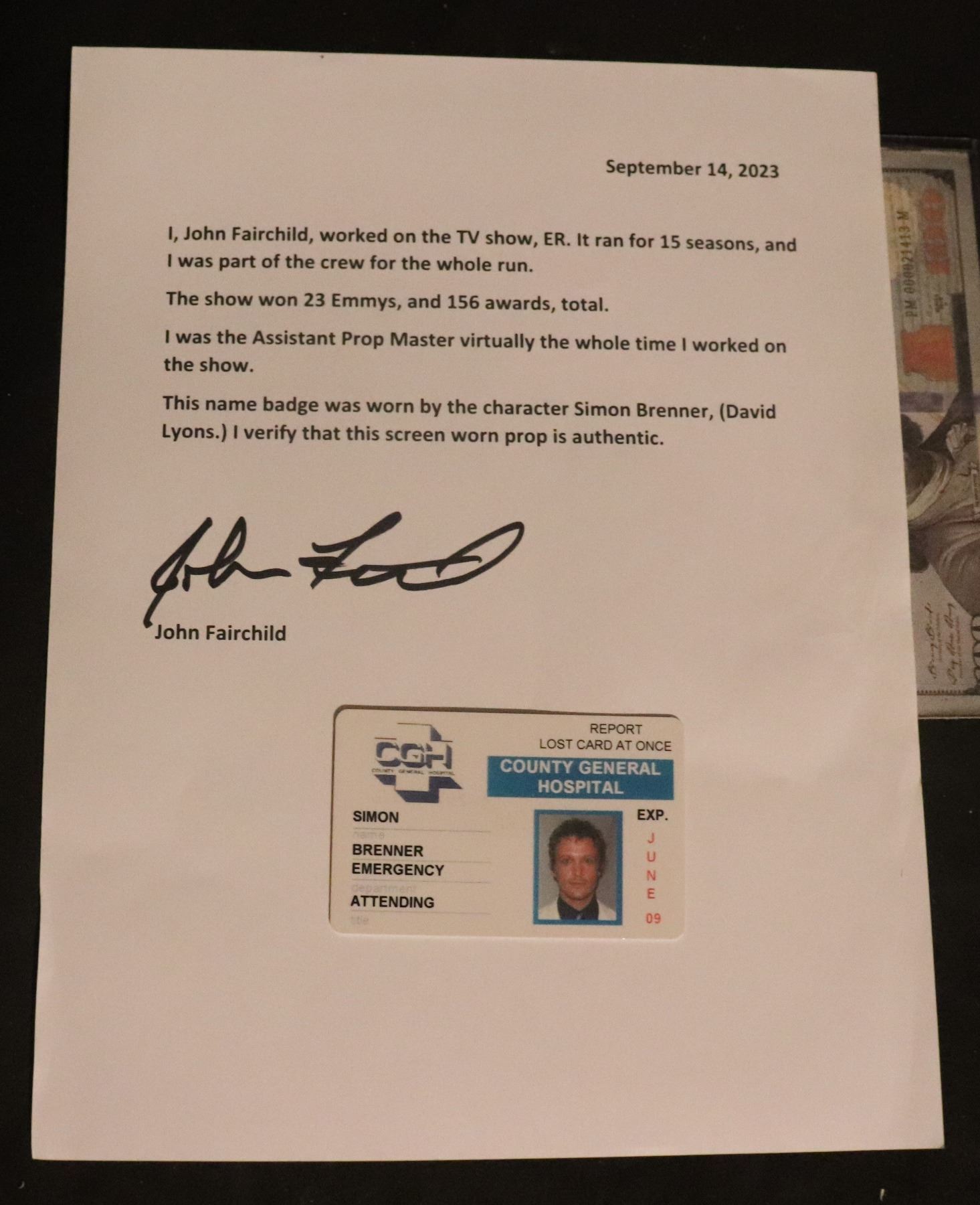 ZZ ER TV SIMON BRENNER HOSPITAL ID BADGE WITH LOA