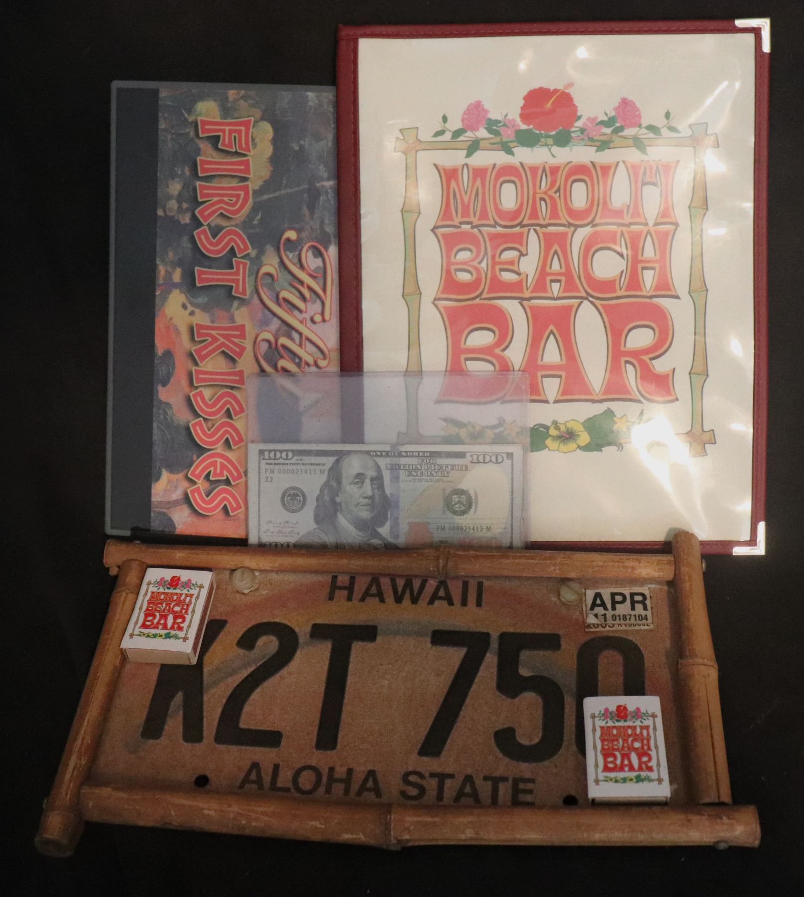50 FIRST DATES LICENSE PLATE BAR MENU PLACARD AND MATCH BOOKS