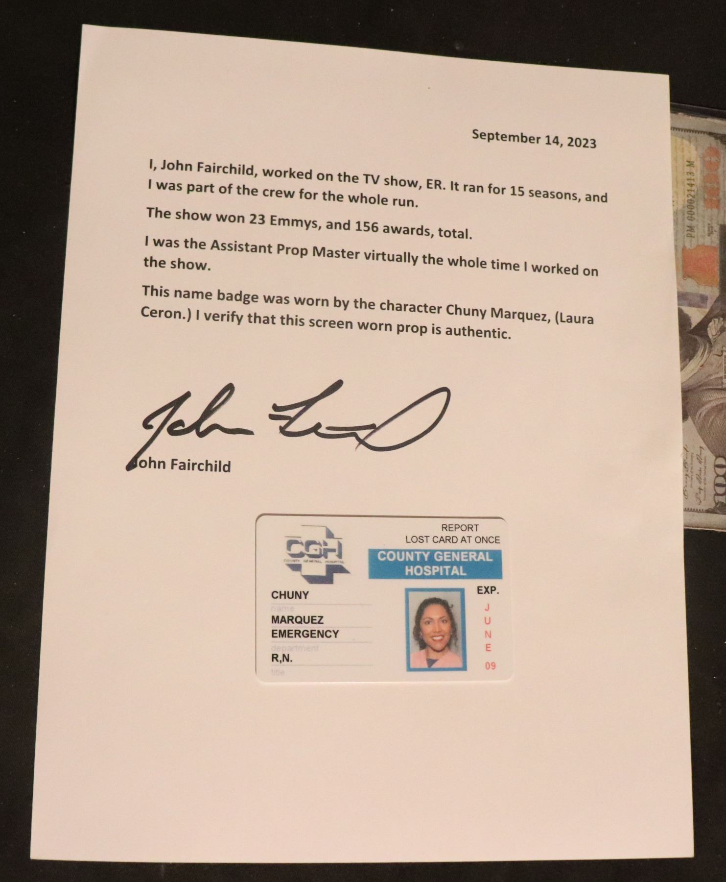 ZZ ER TV CHUNY MARQUEZ HOSPITAL ID BADGE WITH LOA