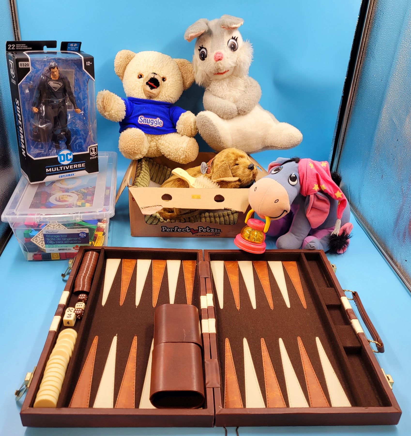 Assorted Toy & Game Lot w/ Backgammon Board, Perfect Petz, Plushes, DC ...