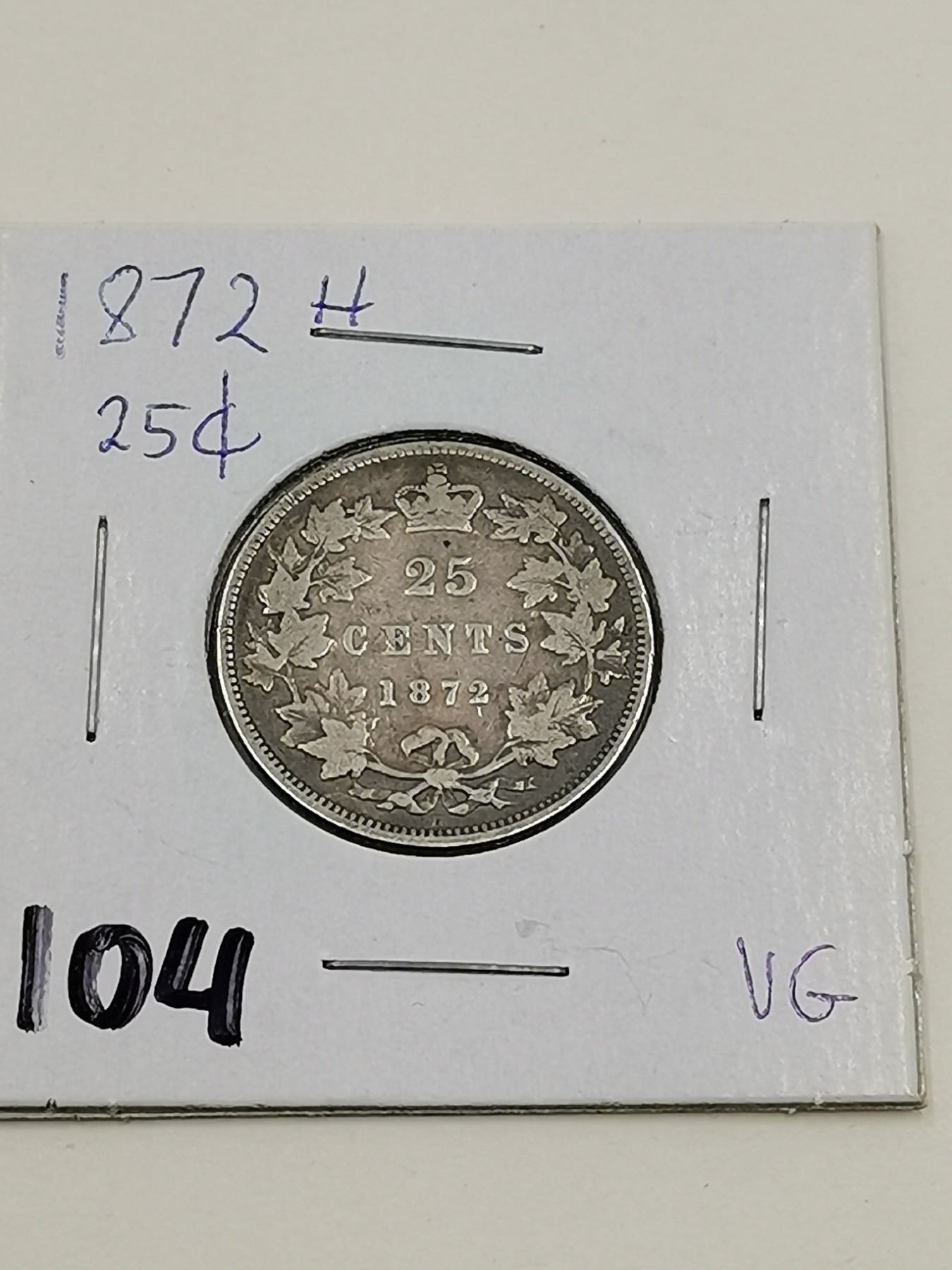 1872H Silver 25 Cent Coin, VG - Schmalz Auctions
