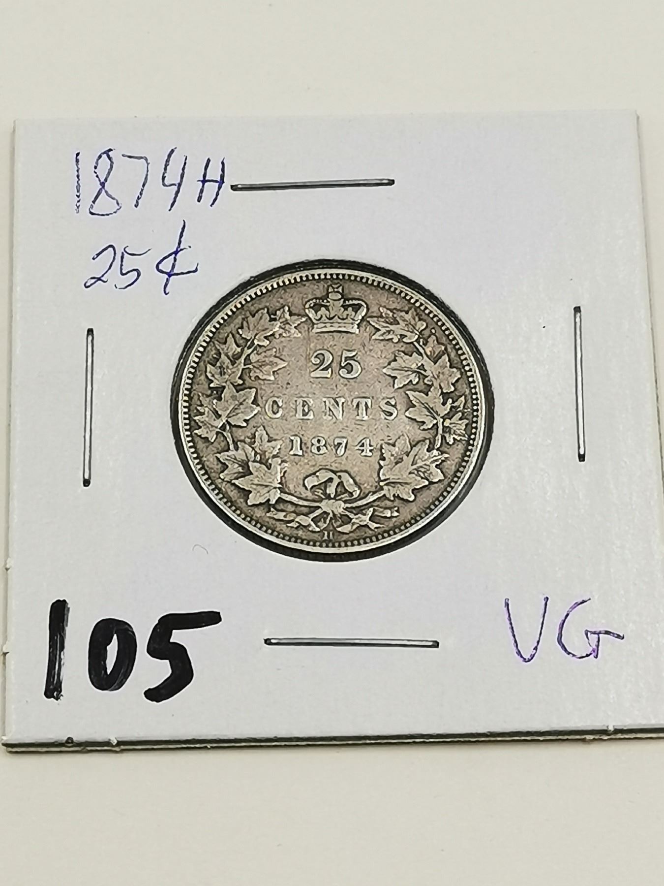 1874H Silver 25 Cent Coin, VG - Schmalz Auctions