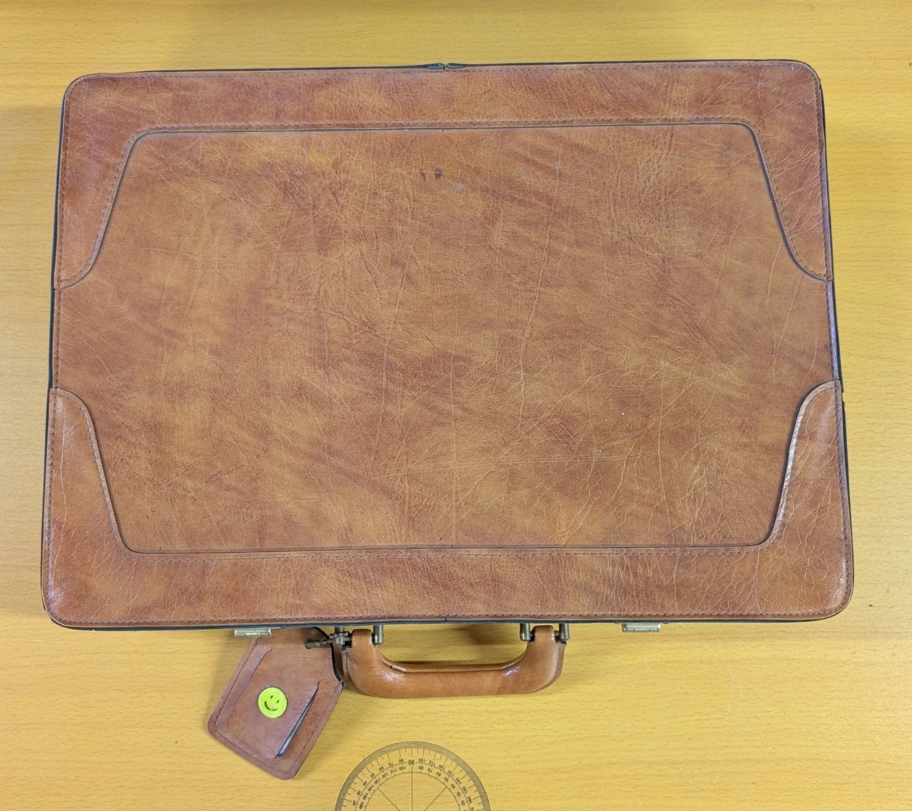 antique Leather briefcase w/Pins, badges, newspapers and etc. - Schmalz ...