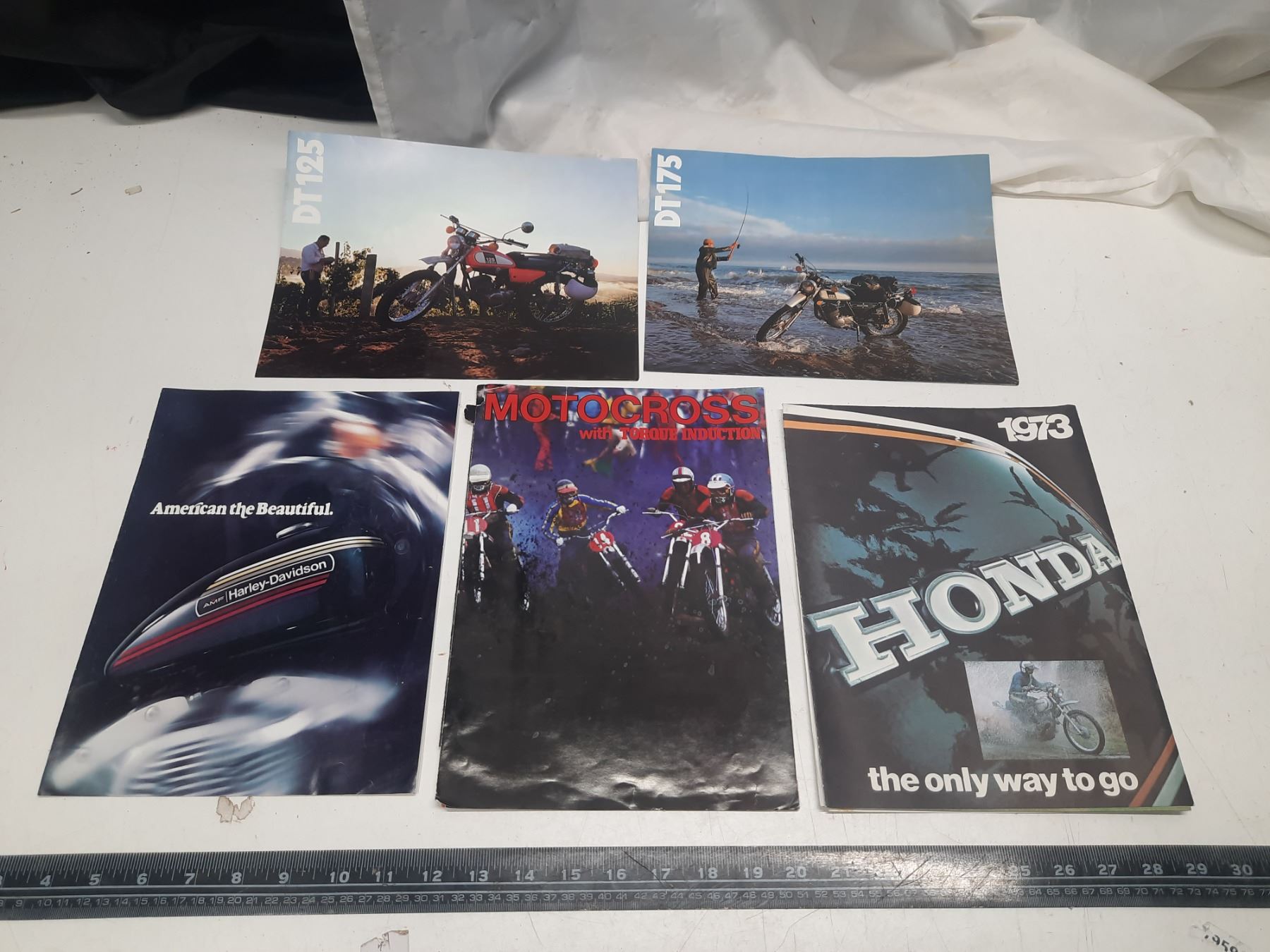 5 Different Motorcycle Sales Brochures - Honda, Harley Davidson, Yamaha - Schmalz Auctions