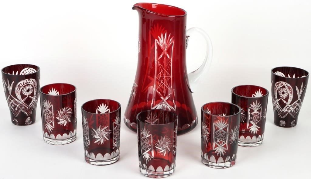 ANTIQUE BOHEMIAN CZECH RUBY RED GLASS PITCHER SET