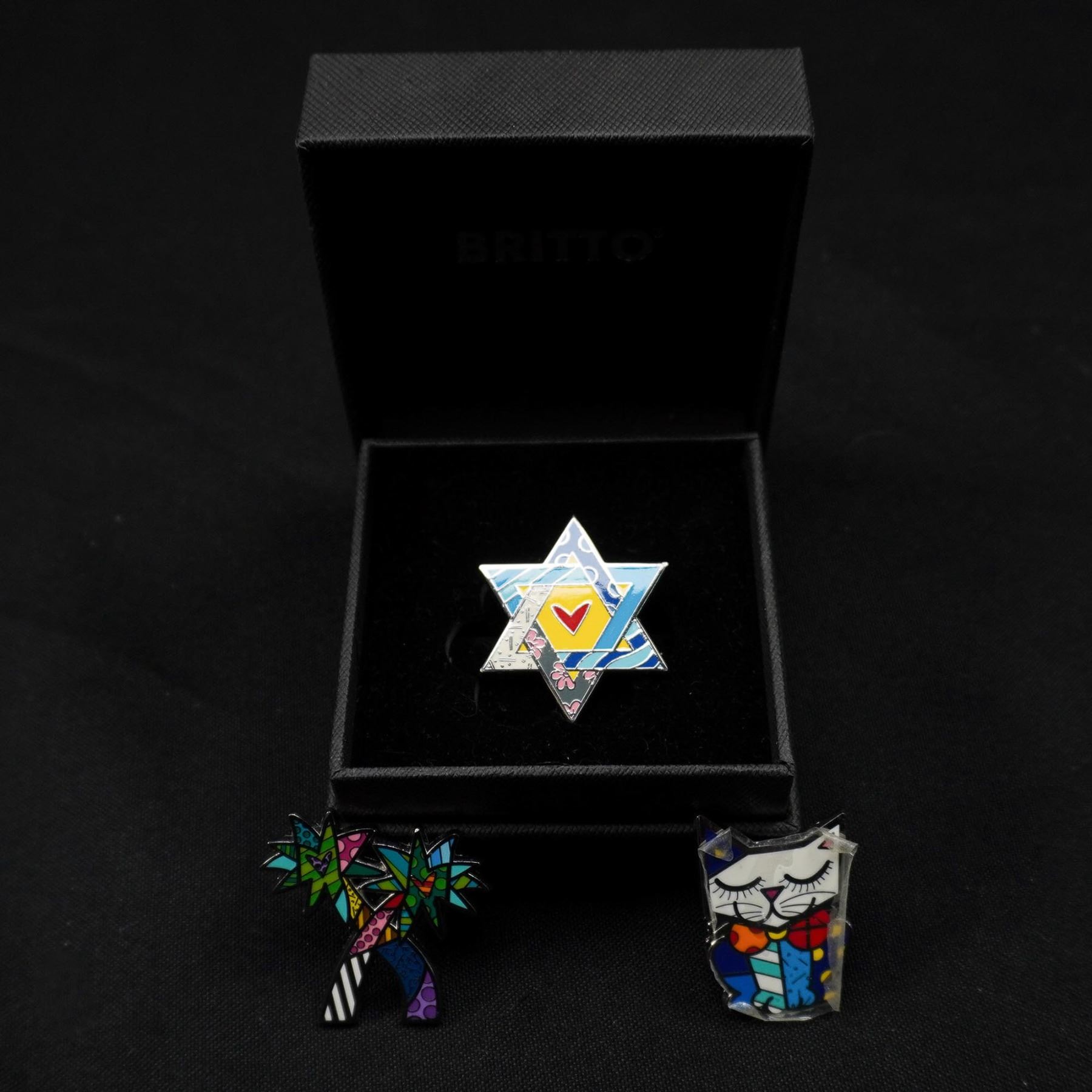 3pc Britto Enamel Pins, Star of David, Cat & Palm Trees in Britto Box