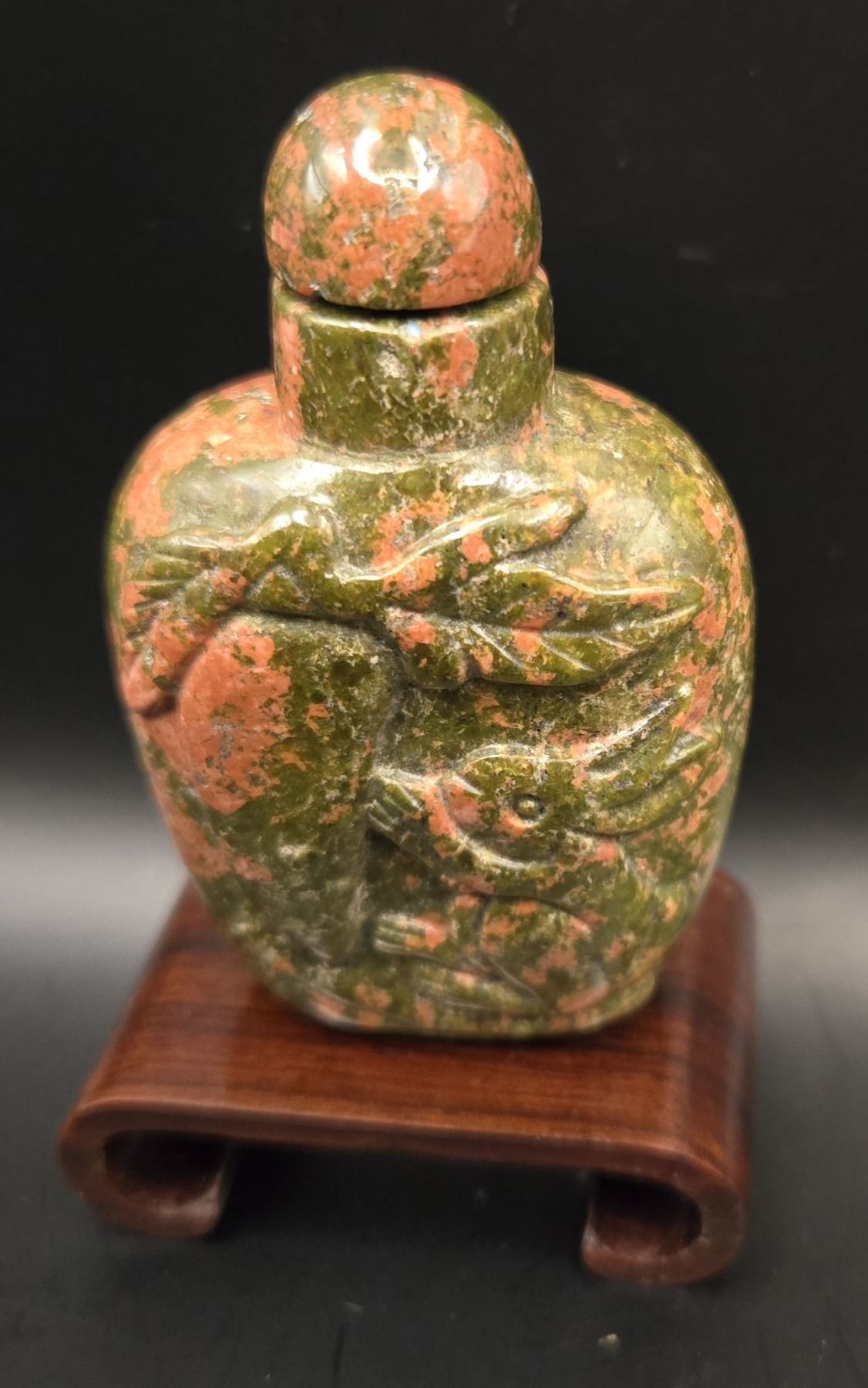 One Antique Asian Carved Jasper Stone Snuff Bottle.
