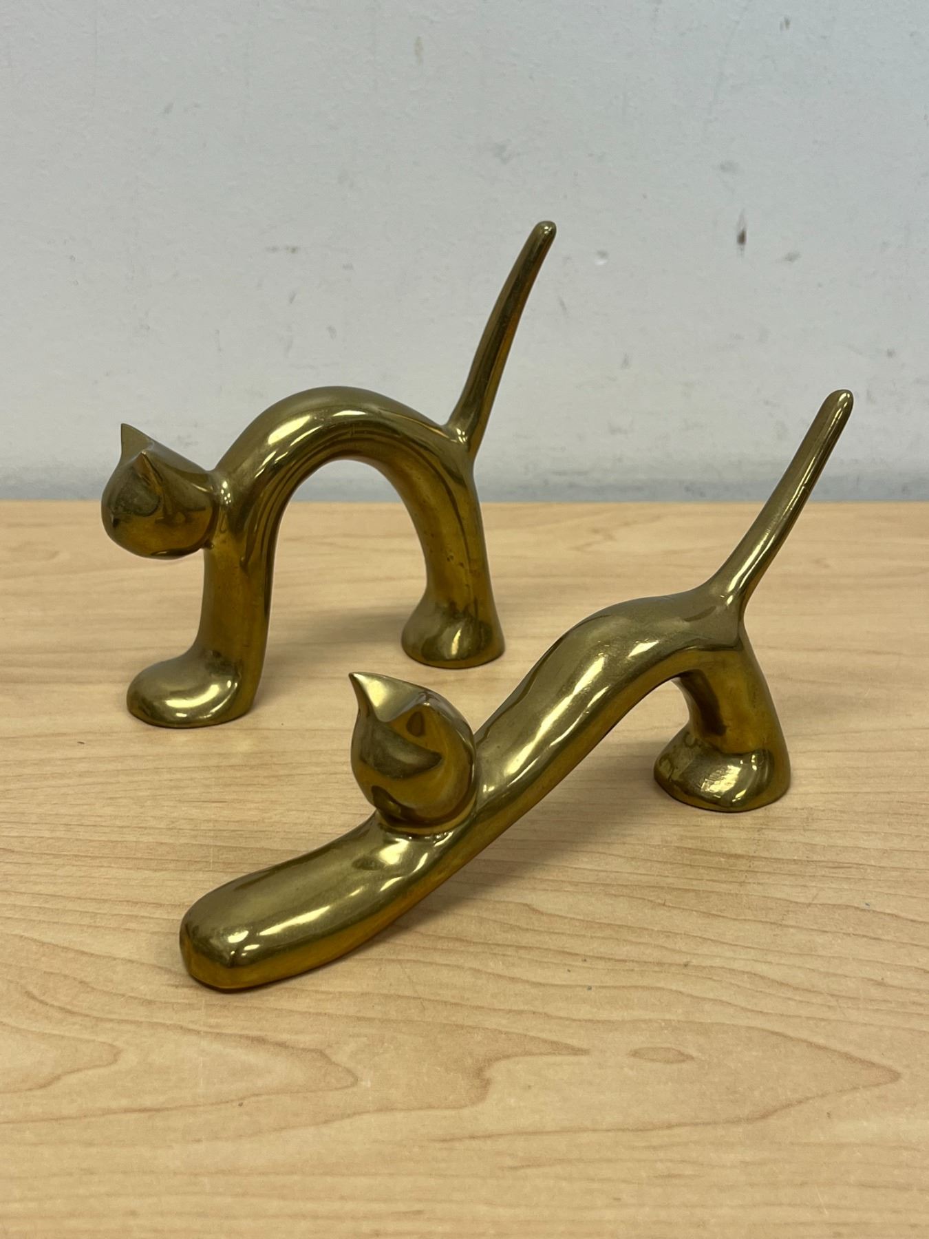 Solid Brass Figural Cat Sculptures - Larger 7"W