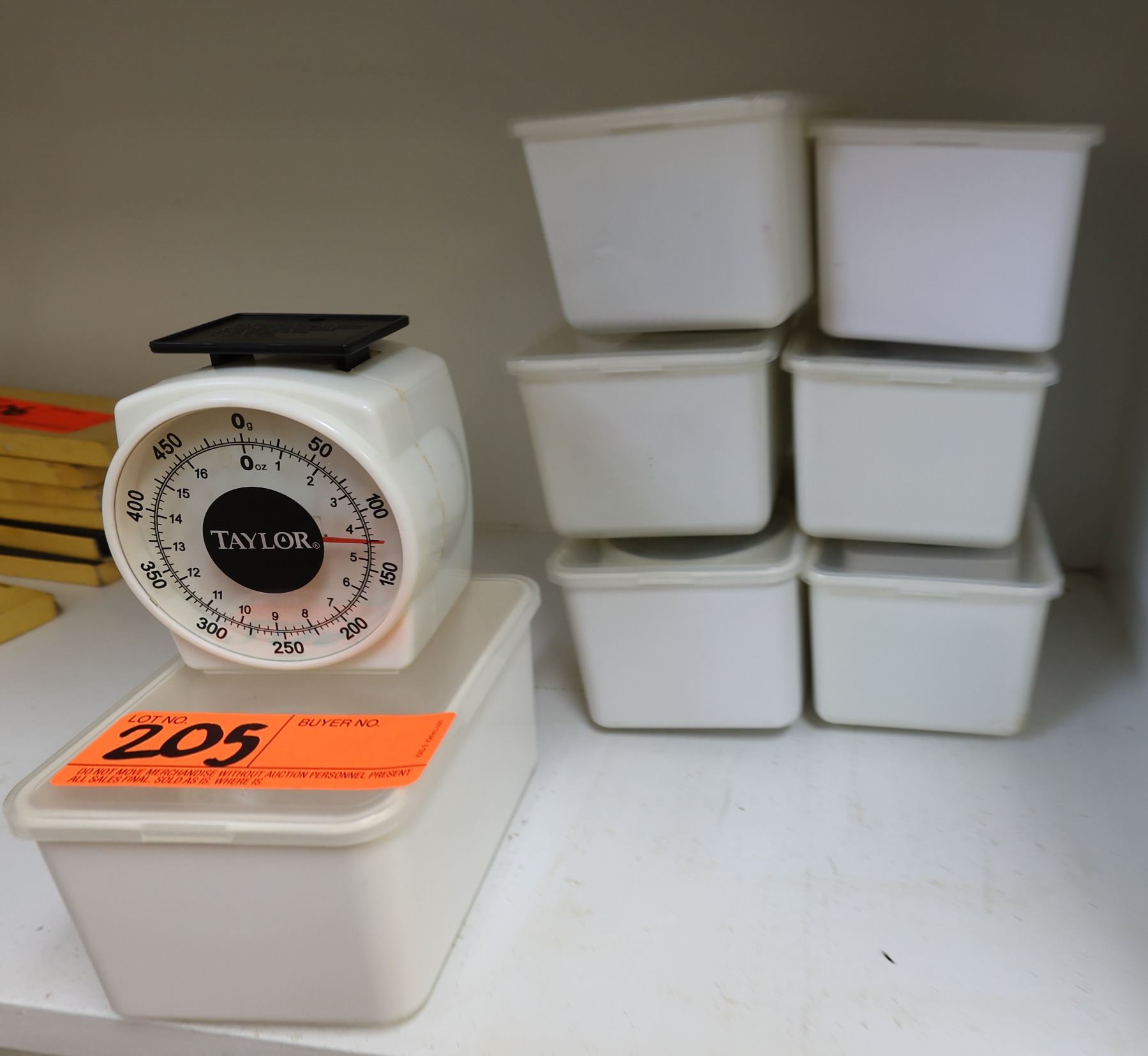 Qty 7 Bins w/ Lids & Taylor Scale
