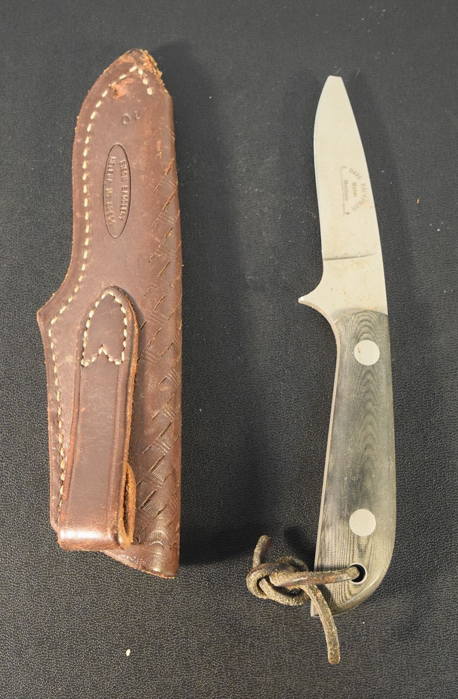 Dave Kauffman fixed blade knife, 3" blade, broken tip, leather sheath