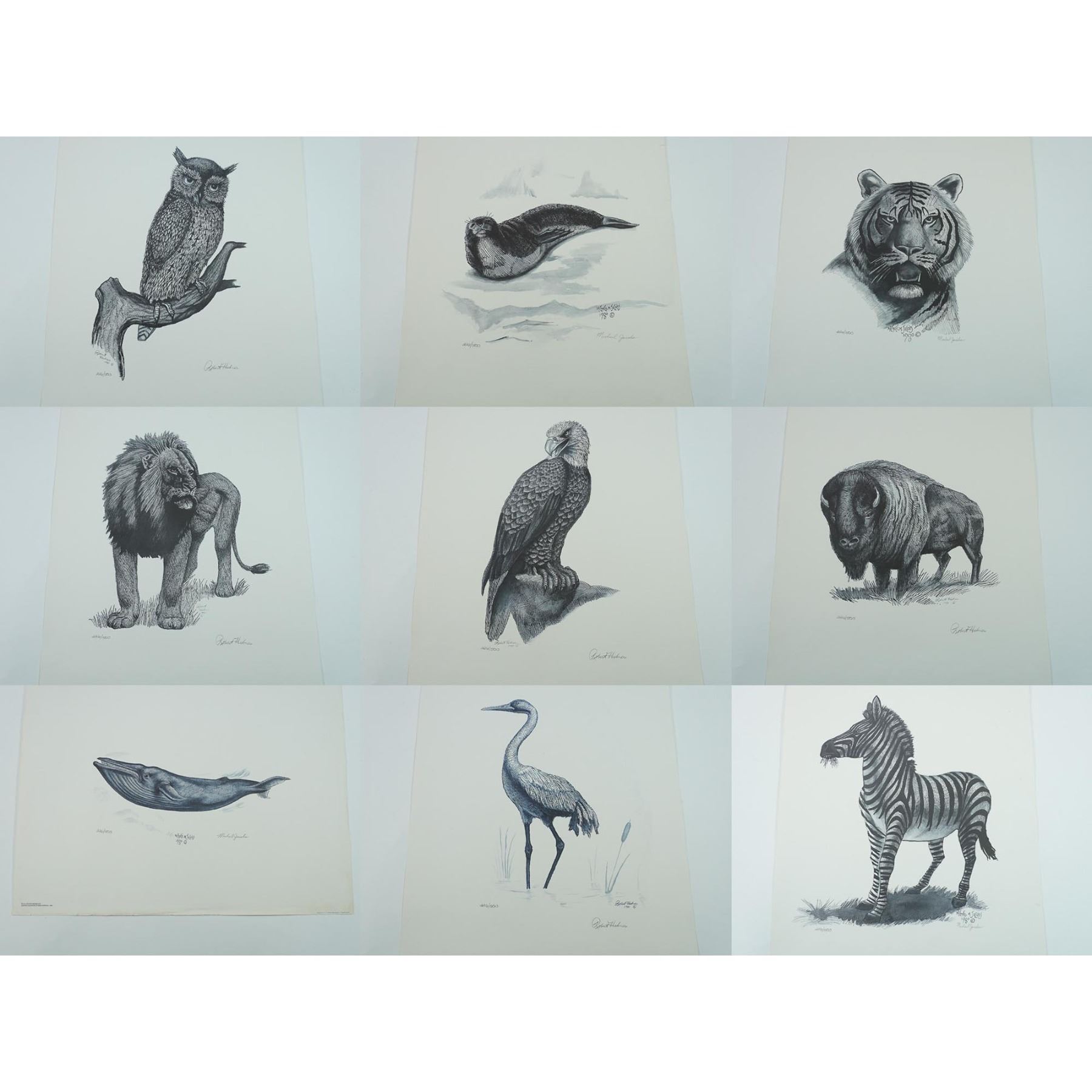 Hebner & Jacobs, Set of 9 World Wildlife Series Lithographs, Signed
