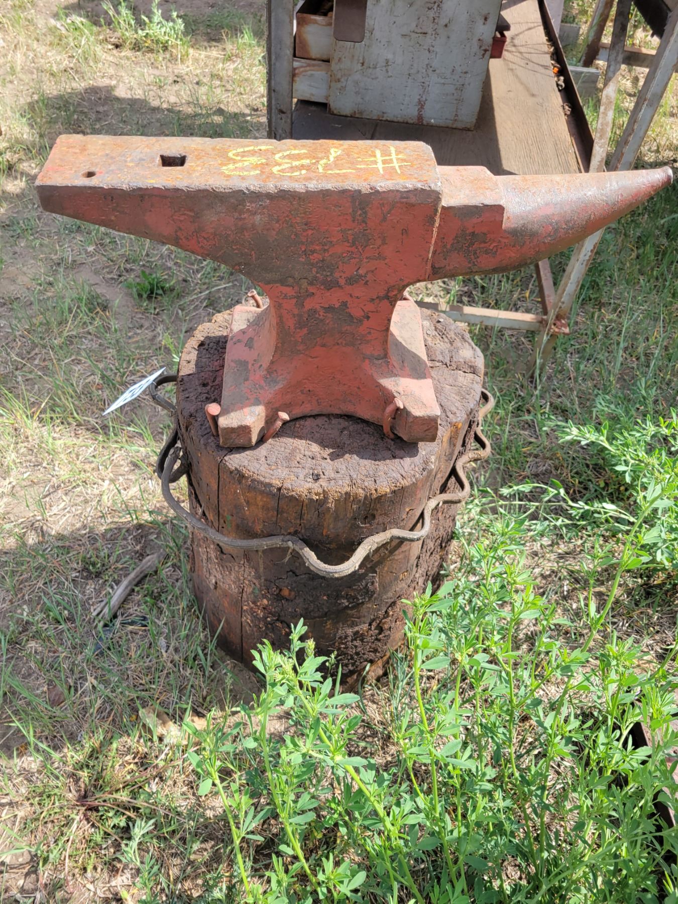 Anvil on wooden stump base. Approx 50-80 pounds.